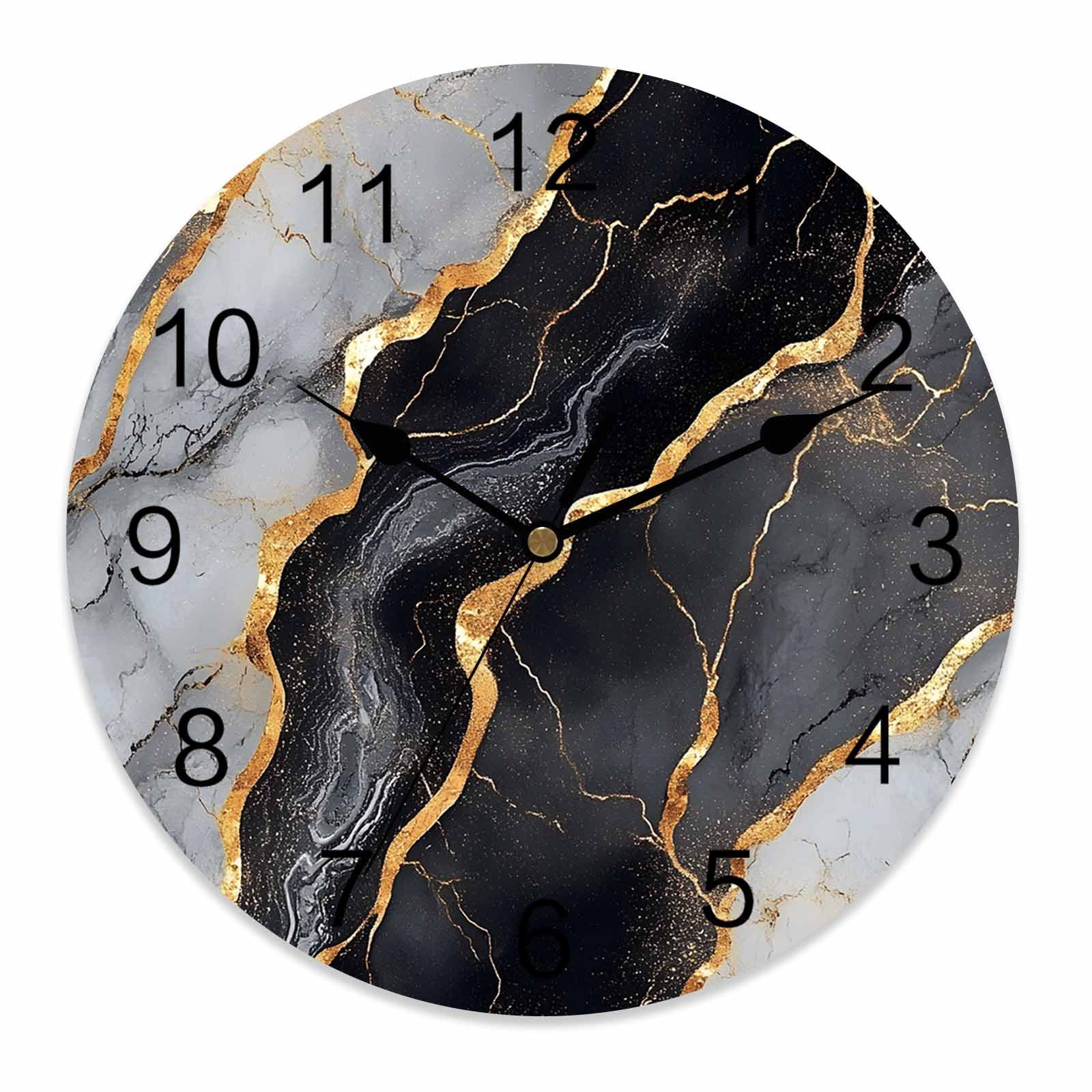 Wall Clock 12 Inch Black and Gold Marble Texture Round Silent ...