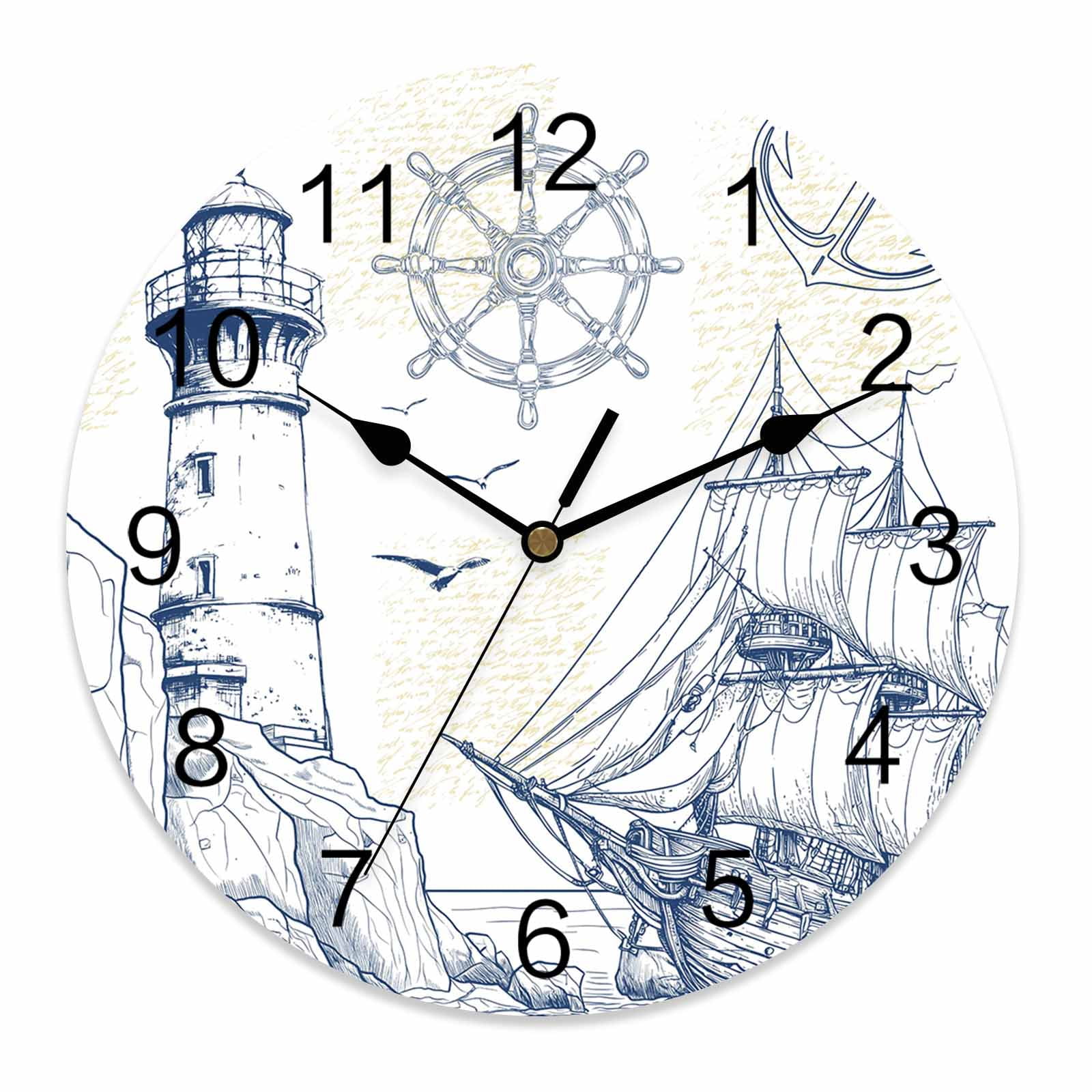 Wall Clock 12 Inch Blue Nautical Boat Round Silent Decorative Wall ...