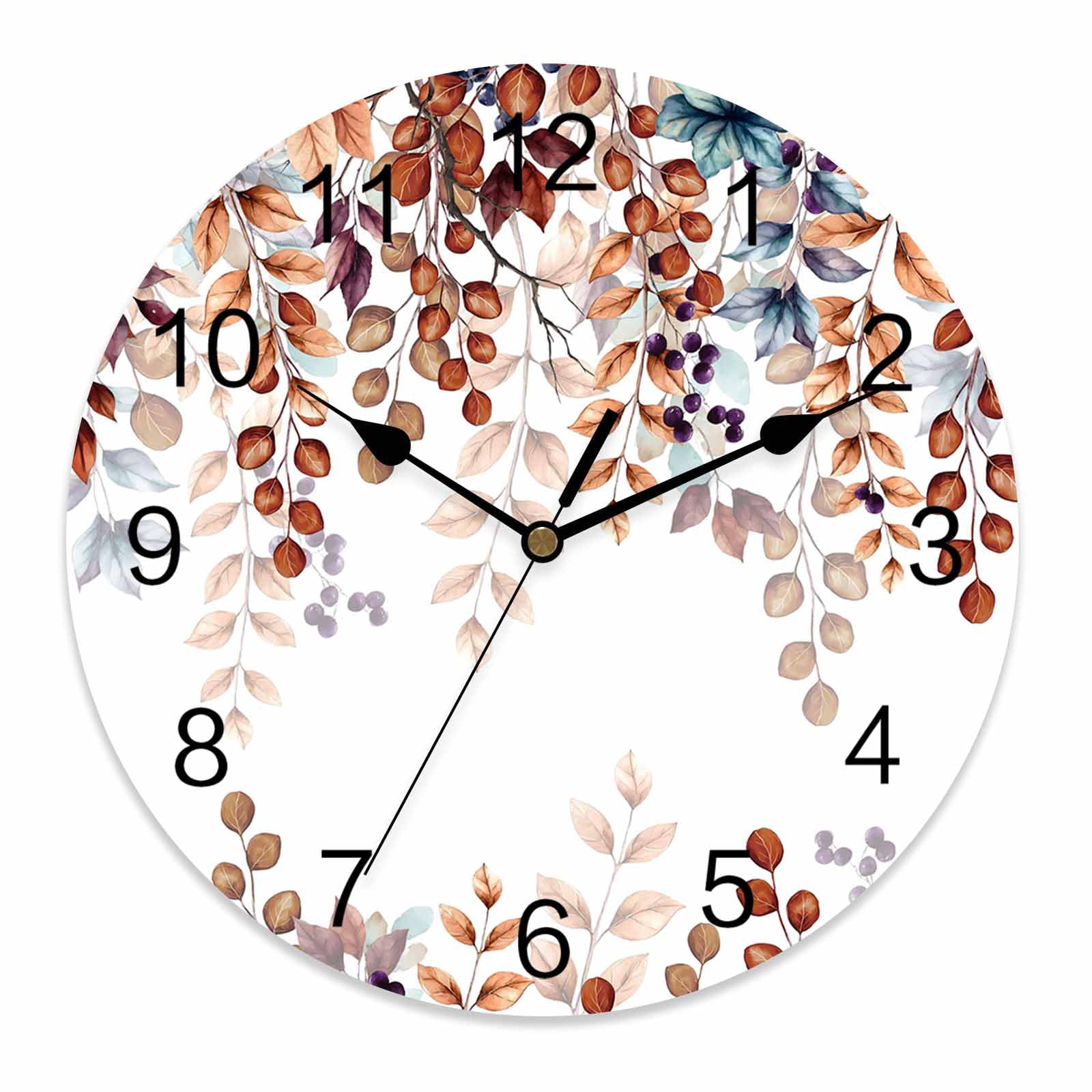 Wall Clock 12 Inch Brown Fall Eucalyptus Leaf Round Silent Decorative ...