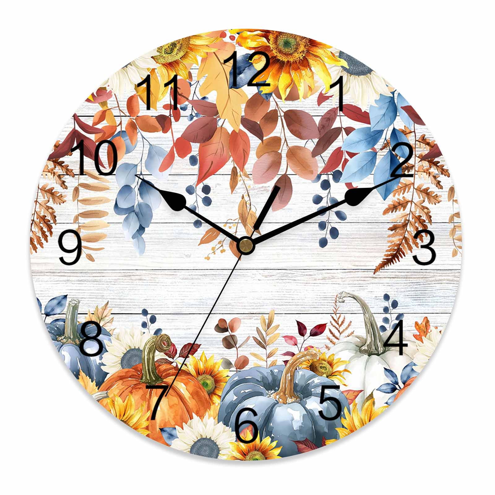 Wall Clock 12 Inch Farmhouse Fall Thanksgiving Round Silent Decorative ...