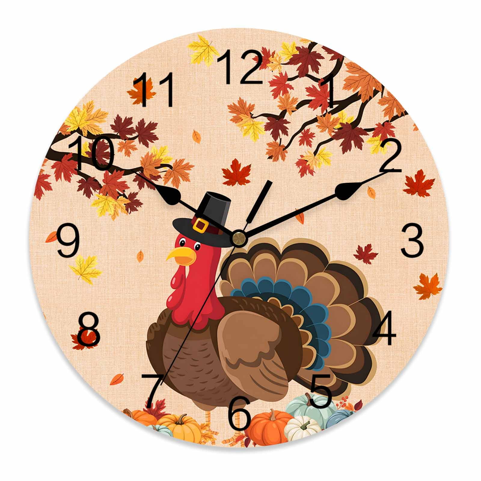 Wall Clock 12 Inch Farmhouse Fall Thanksgiving Turkey Round Silent ...