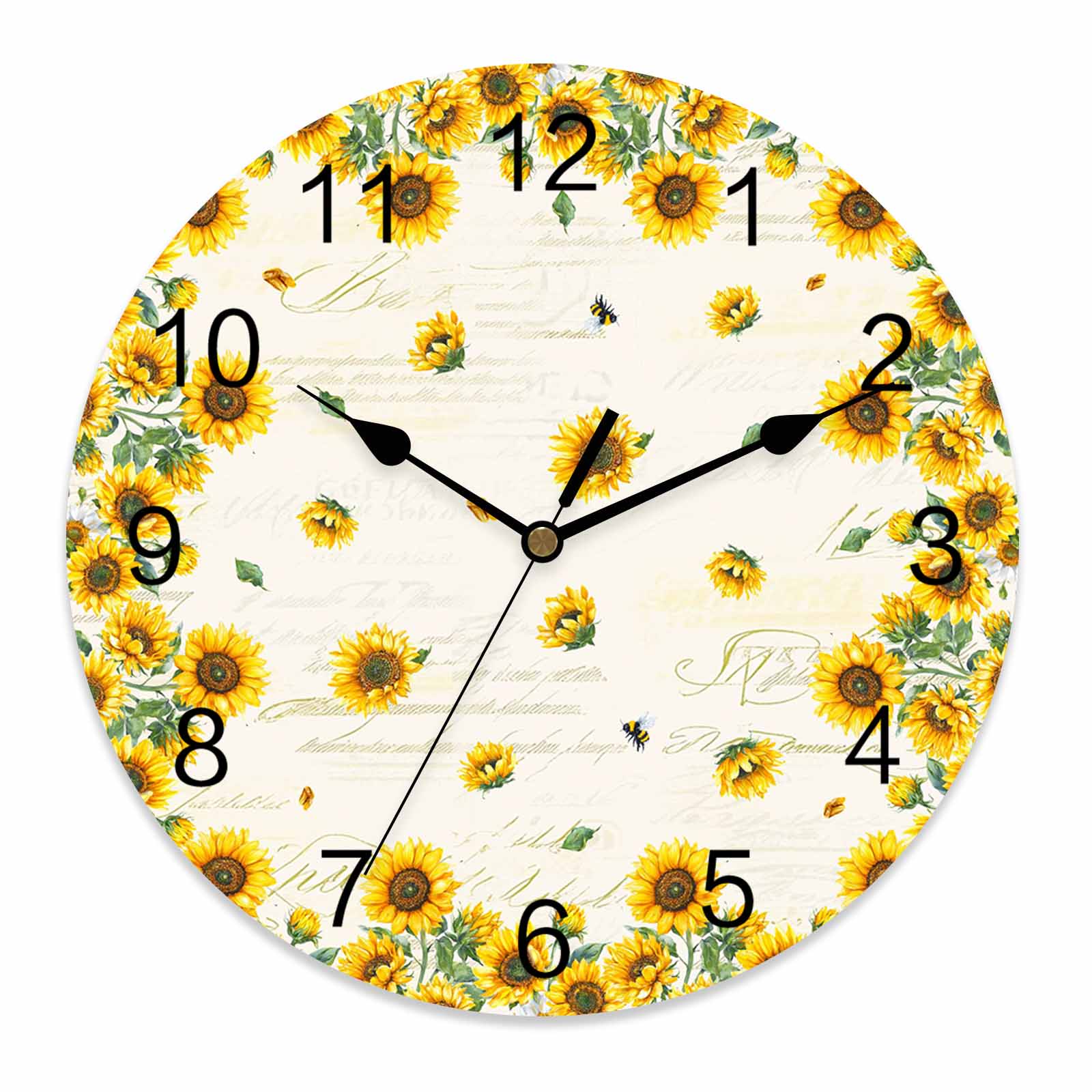 Wall Clock 12 Inch Farmhouse Sunflowers Floral Print Round Silent ...
