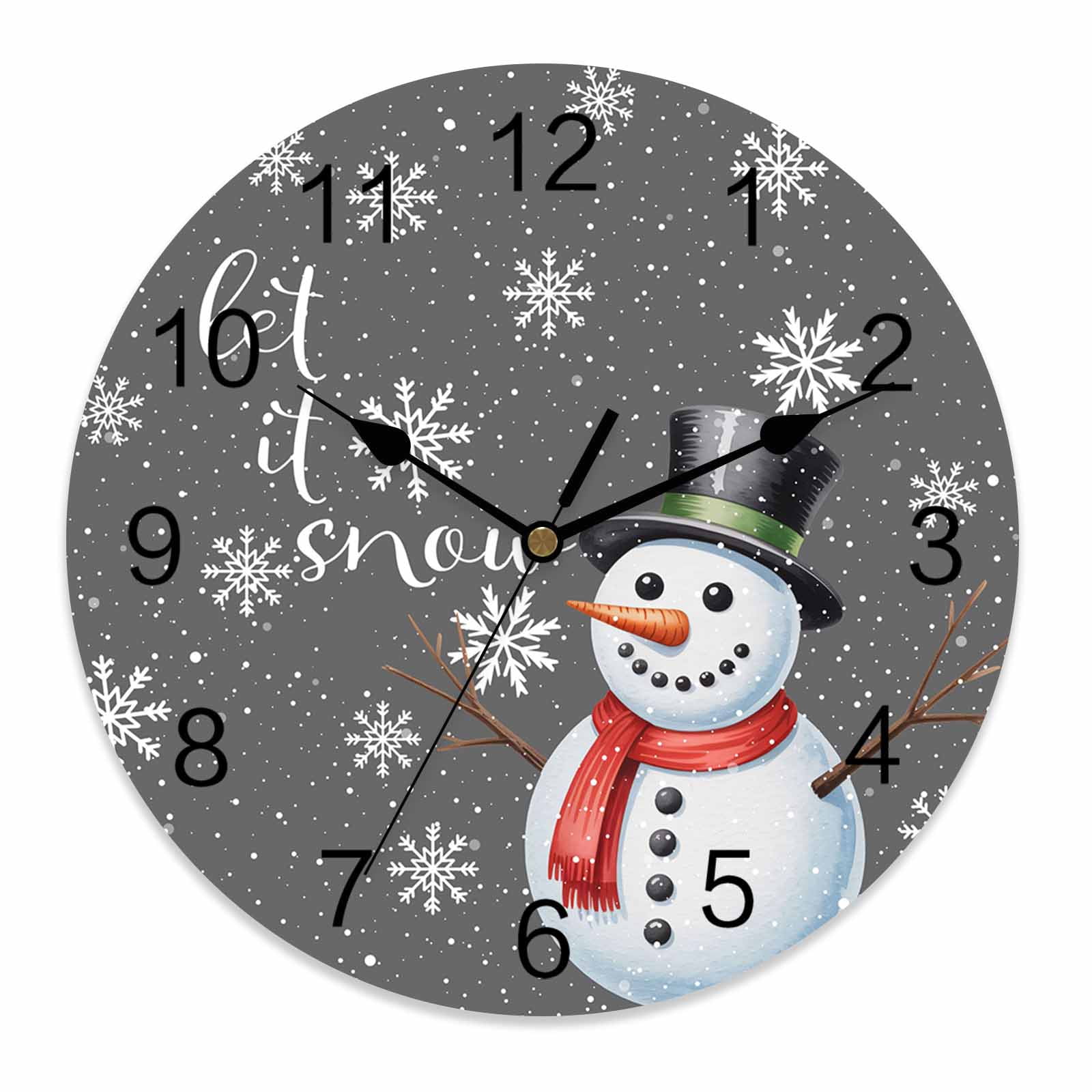 Wall Clock 12 Inch Gray White Christmas Snowman Round Silent Decorative ...