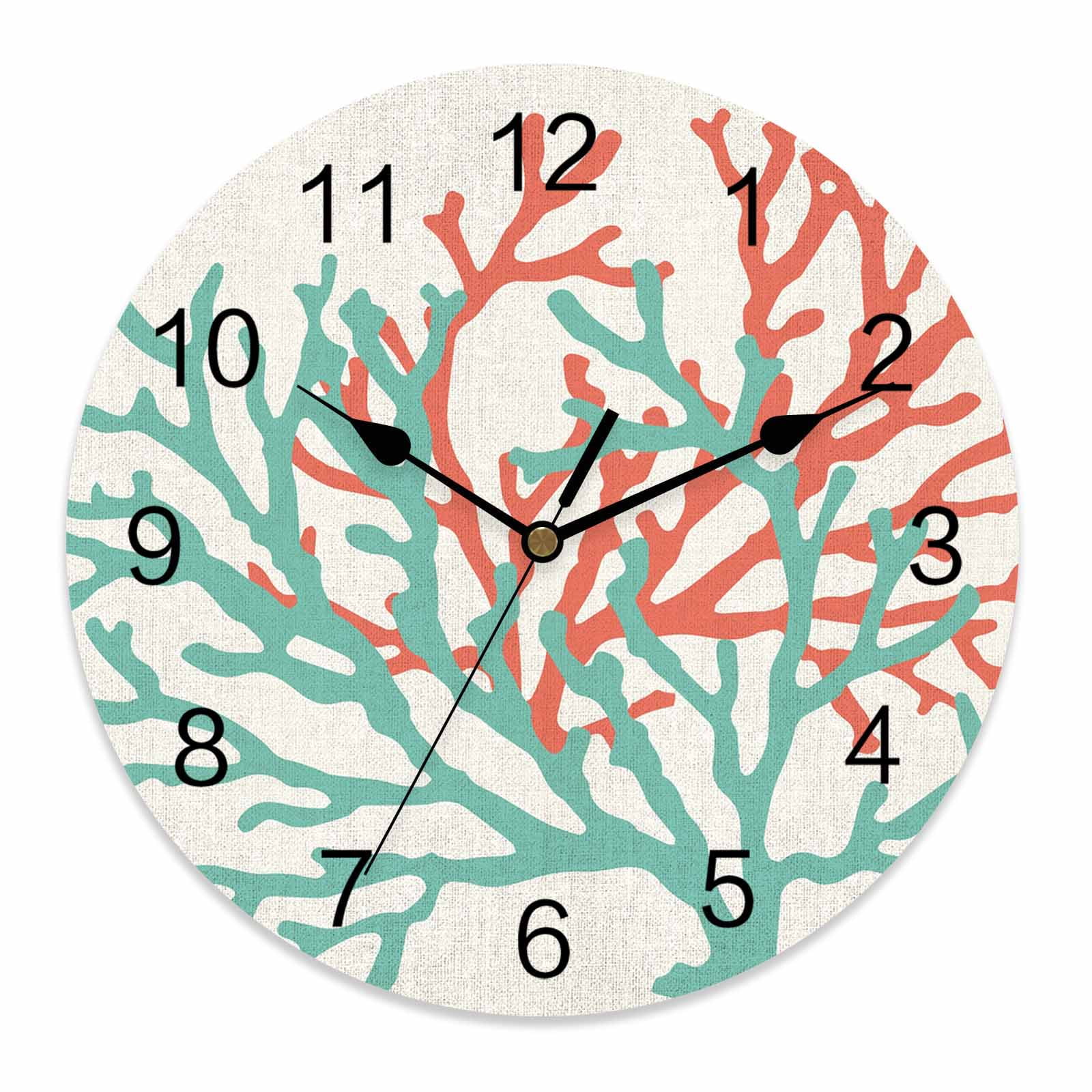 Wall Clock 12 Inch Green Orange Coastal Coral Round Silent Decorative ...