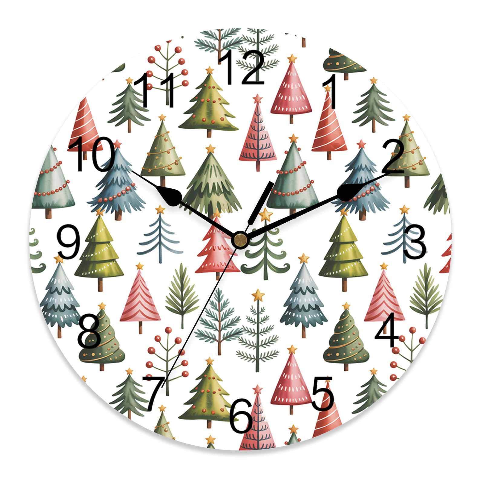 Wall Clock 12 Inch Pine Trees Pattern Round Silent Decorative Wall ...