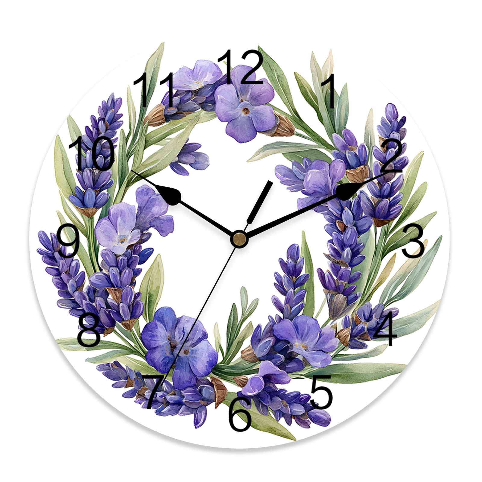 Wall Clock 12 Inch Purple Flowers Round Silent Decorative Wall Clocks ...