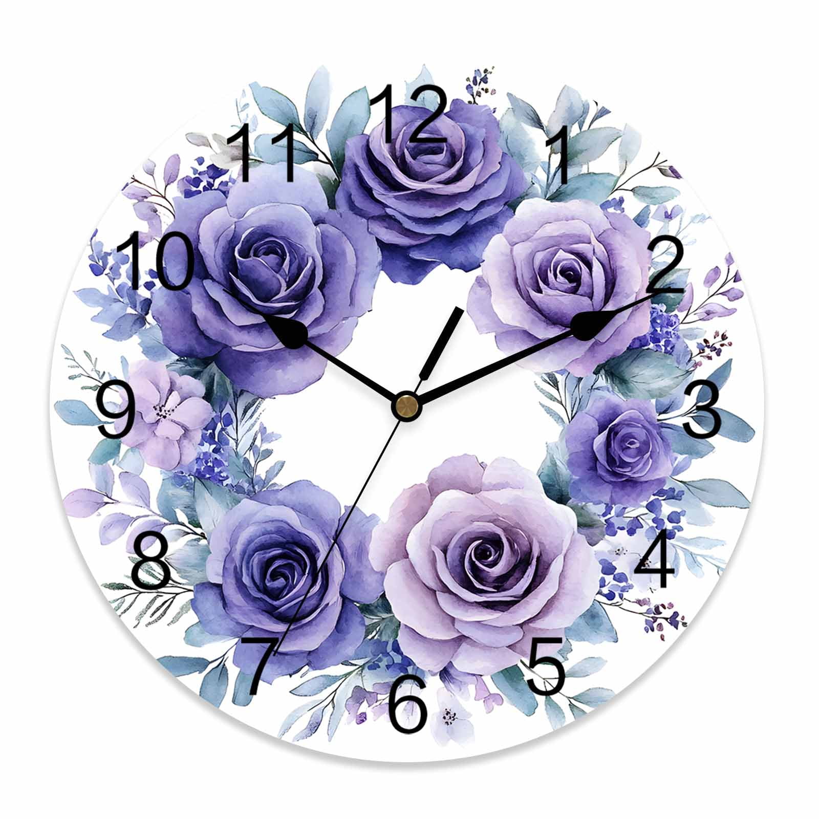 Wall Clock 12 Inch Purple Rose Round Silent Decorative Wall Clocks ...