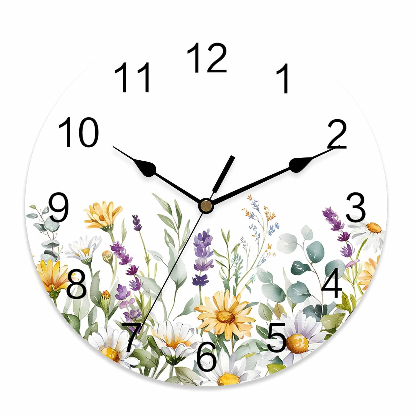 Wall Clock 12 Inch Rustic Watercolor Floral Round Silent Decorative ...