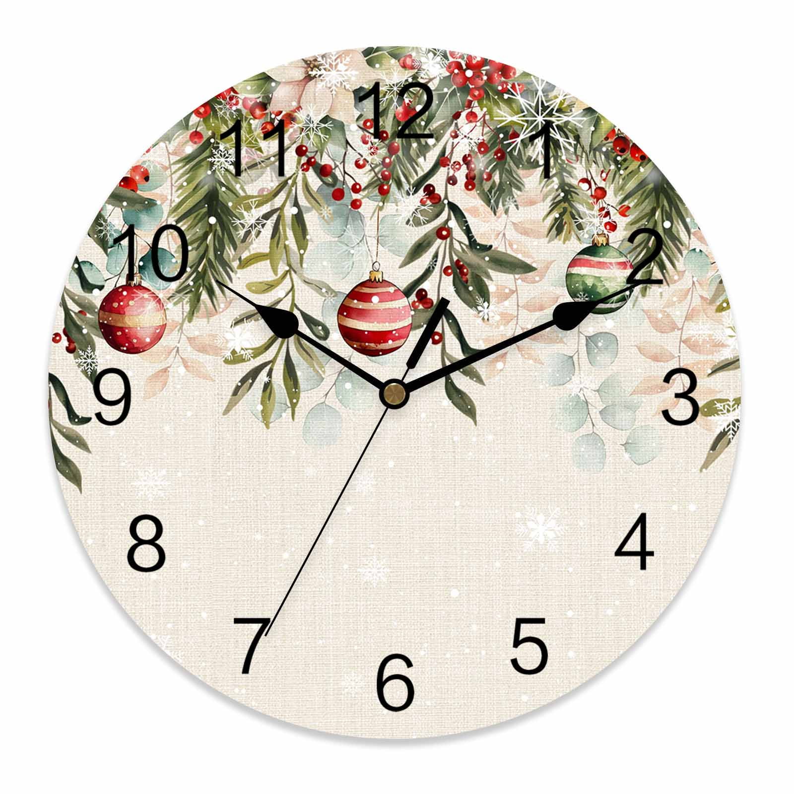 Wall Clock 12 Inch Watercolor Rustic Floral Christmas Round Silent ...