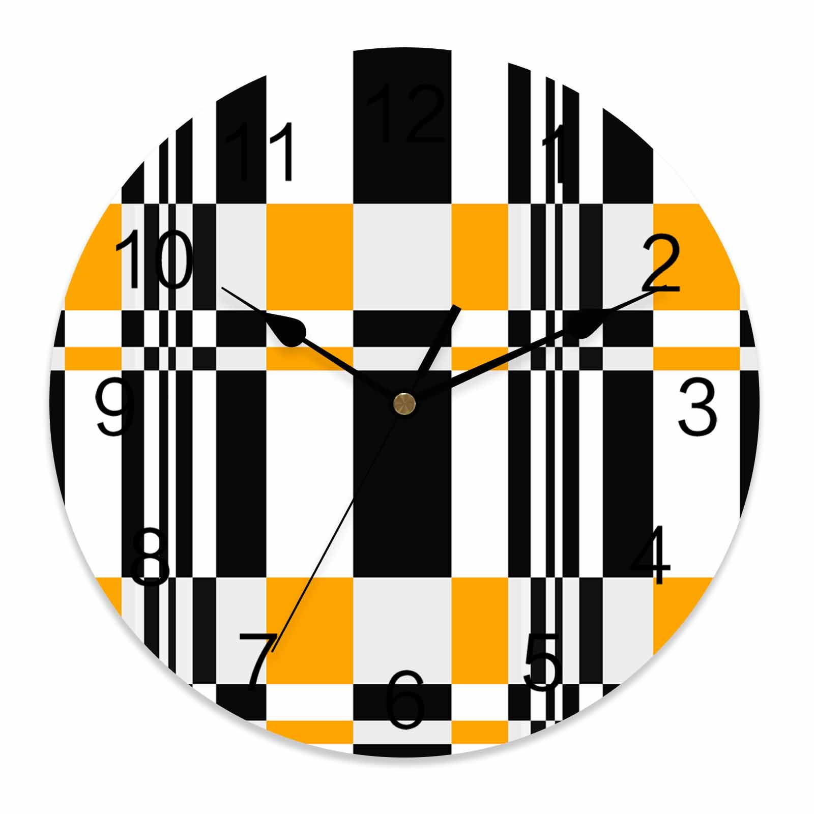 Wall Clock 12 Inch Yellow Black Squares Round Silent Decorative Wall ...