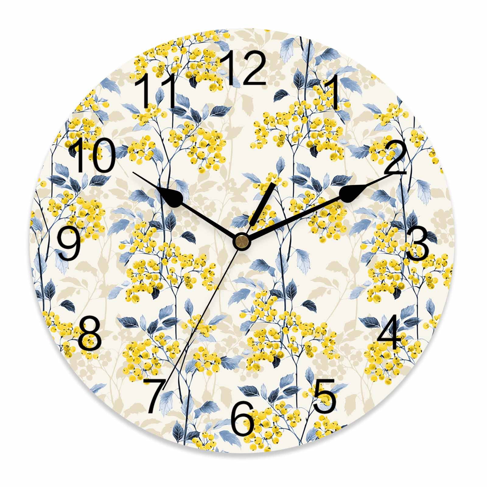 Wall Clock 12 Inch Yellow Blue Floral Round Silent Decorative Wall ...