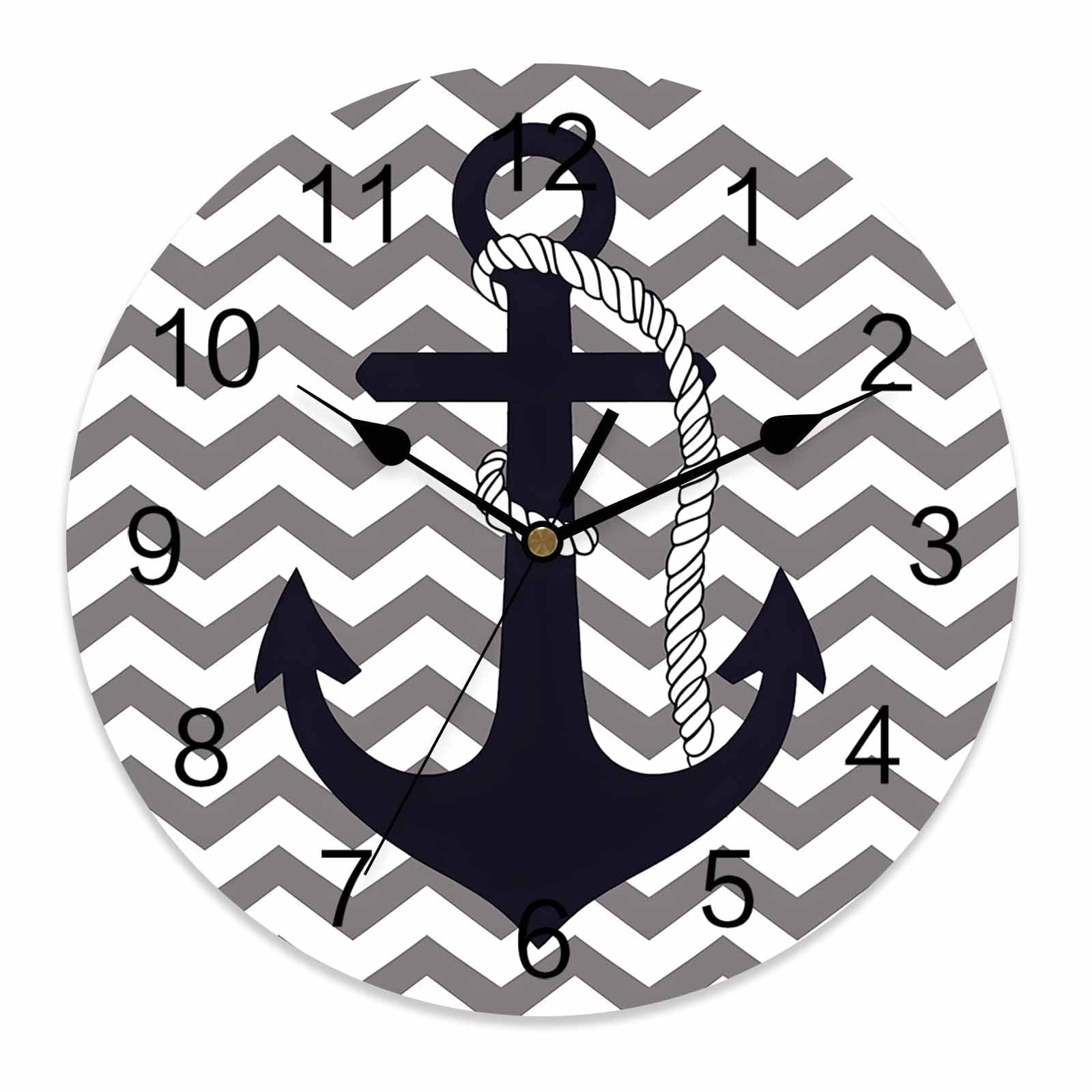 Wall Clock 14 Inch Black Nautical Anchor Round Silent Decorative Wall ...