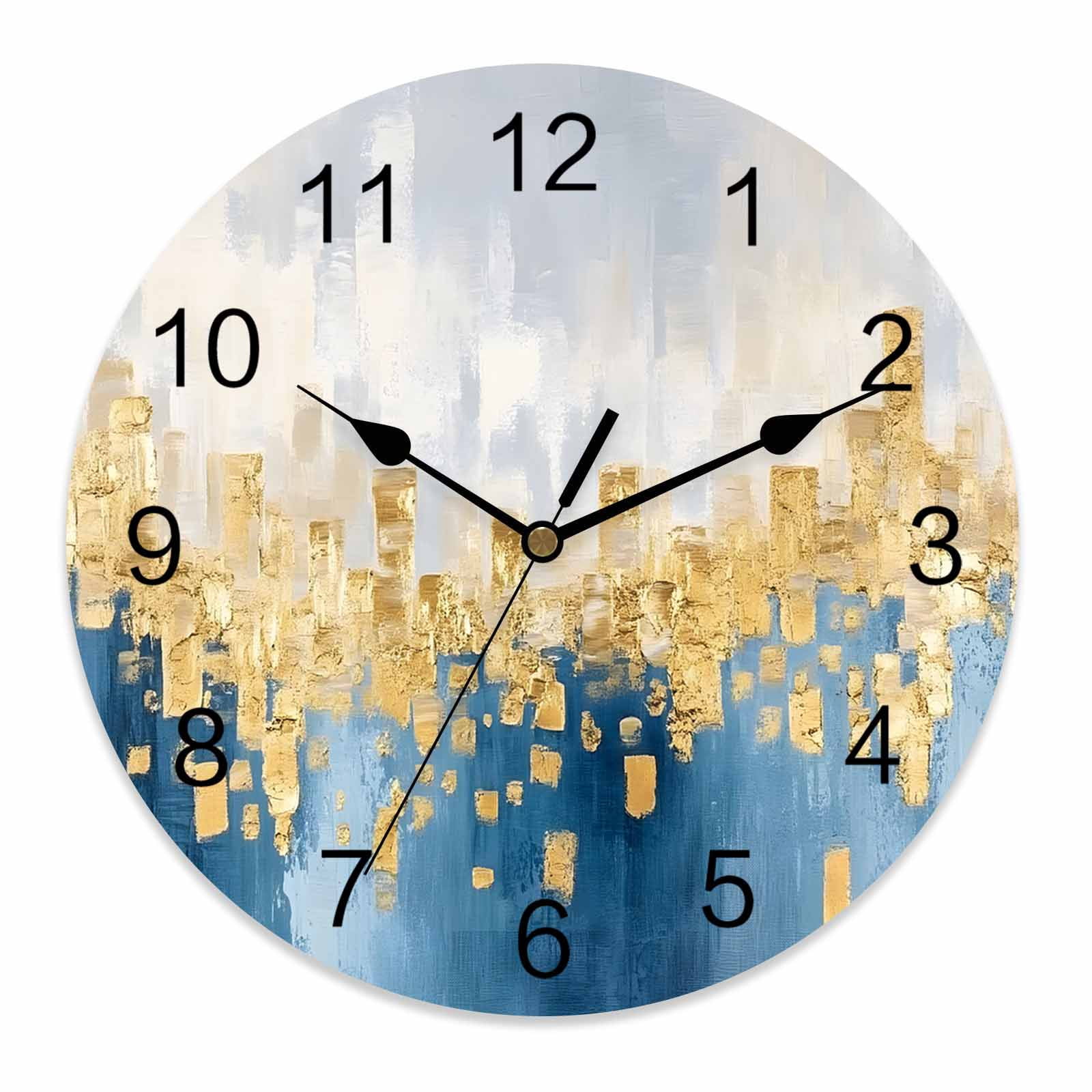 Wall Clock 14 Inch Blue Gold Textured Round Silent Decorative Wall ...
