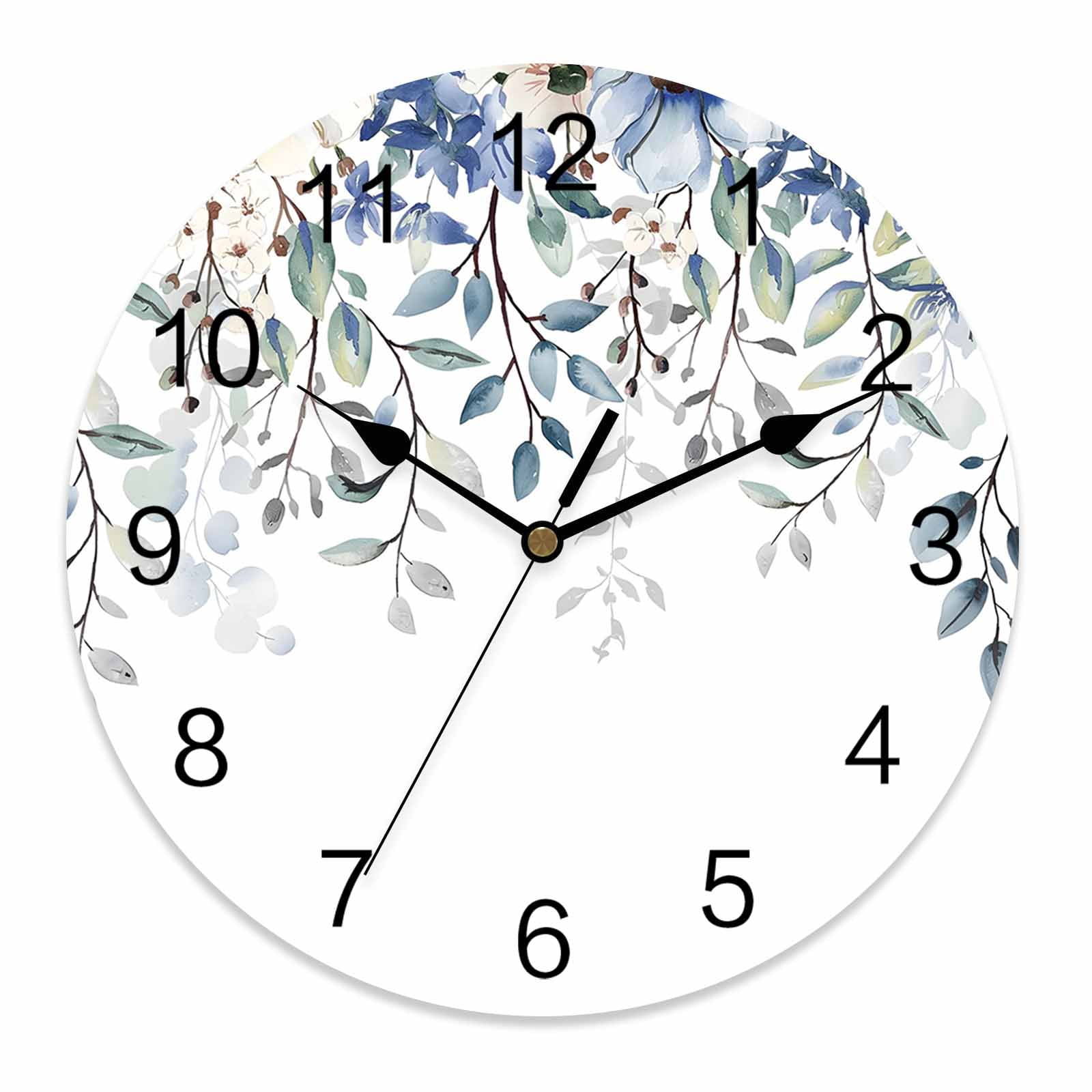 Wall Clock 14 Inch Blue Rustic Flowers Round Silent Decorative Wall ...