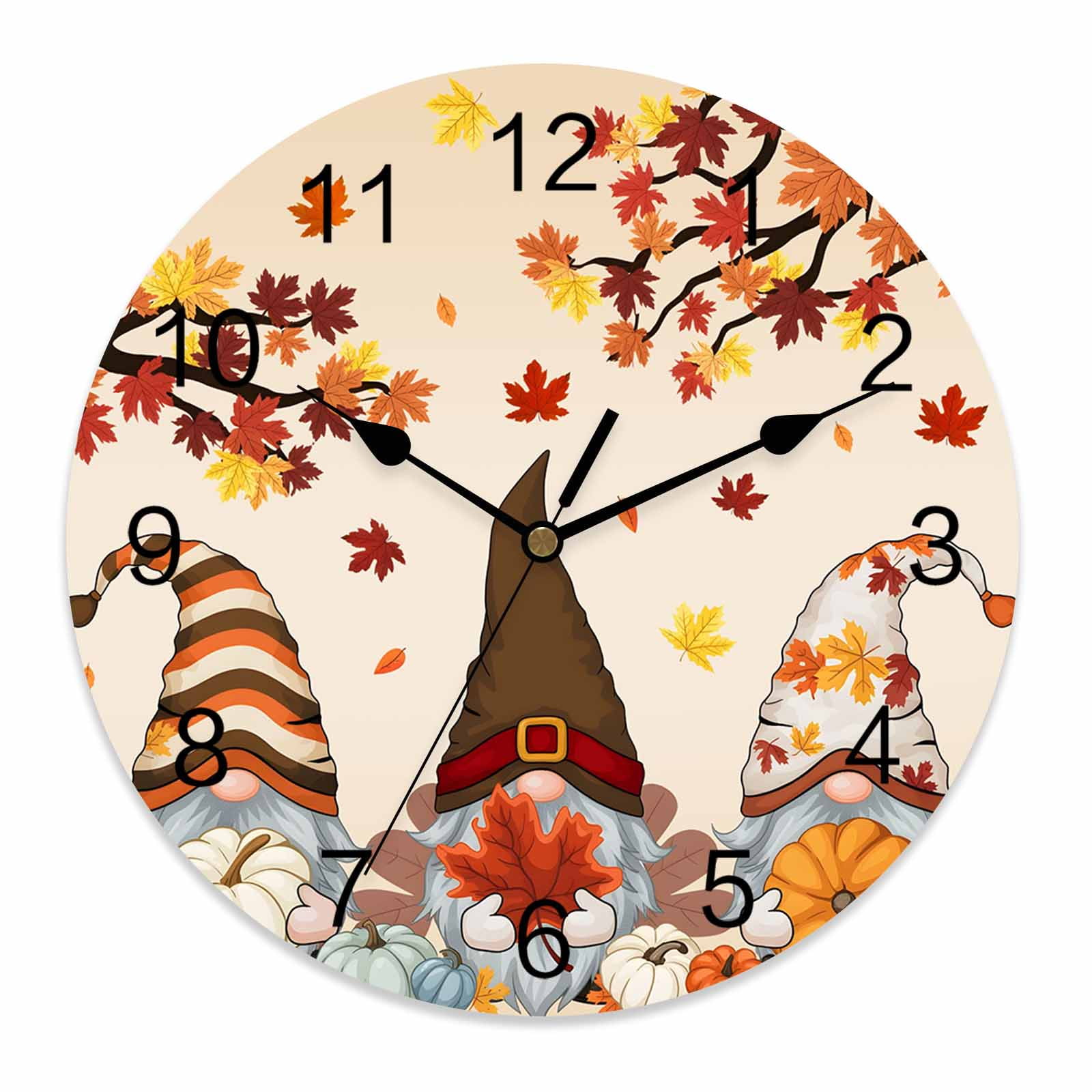 Wall Clock 14 Inch Gnomes Fall Thanksgiving Round Silent Decorative ...