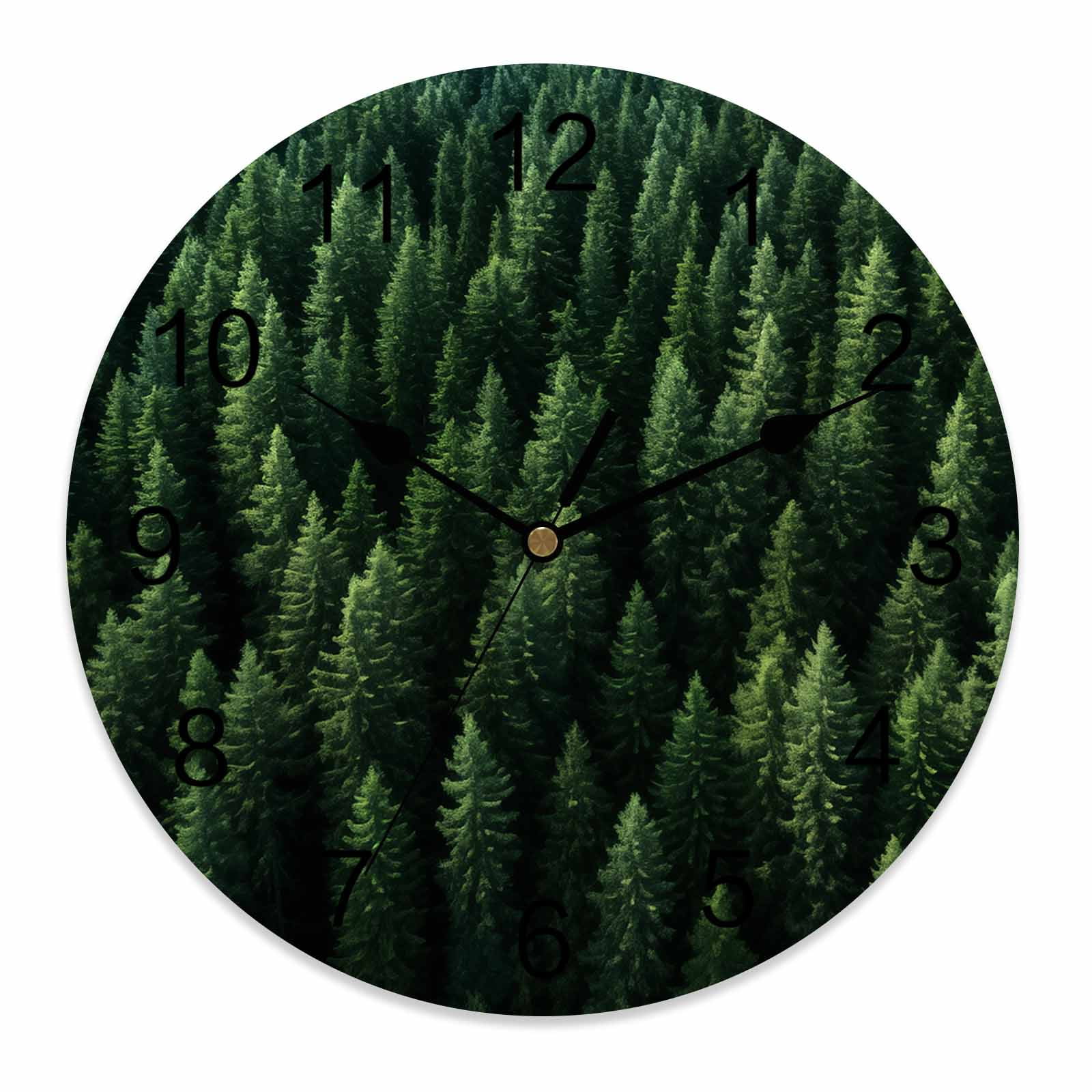 Wall Clock 14 Inch Green Botanical Pine Trees Round Silent Decorative ...