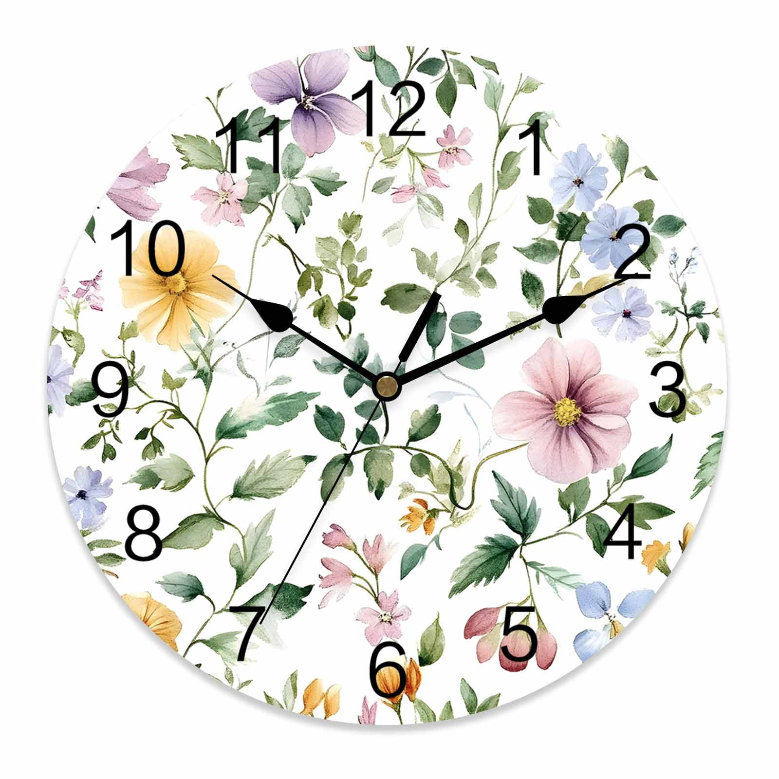 Wall Clock 14 Inch Pastel Watercolor Floral Leaf Round Silent ...