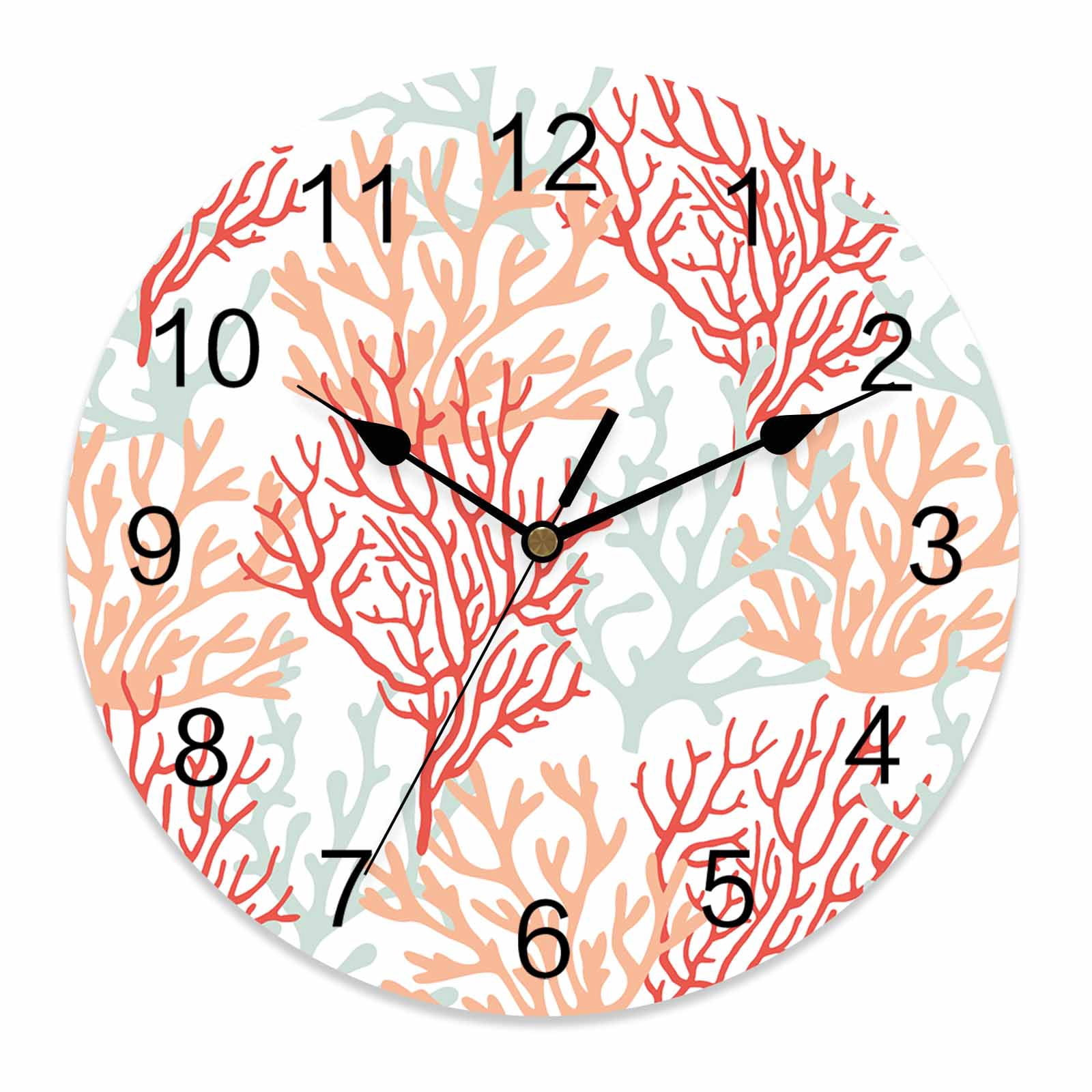 Wall Clock 14 Inch Red Orange Coral Pattern Round Silent Decorative ...