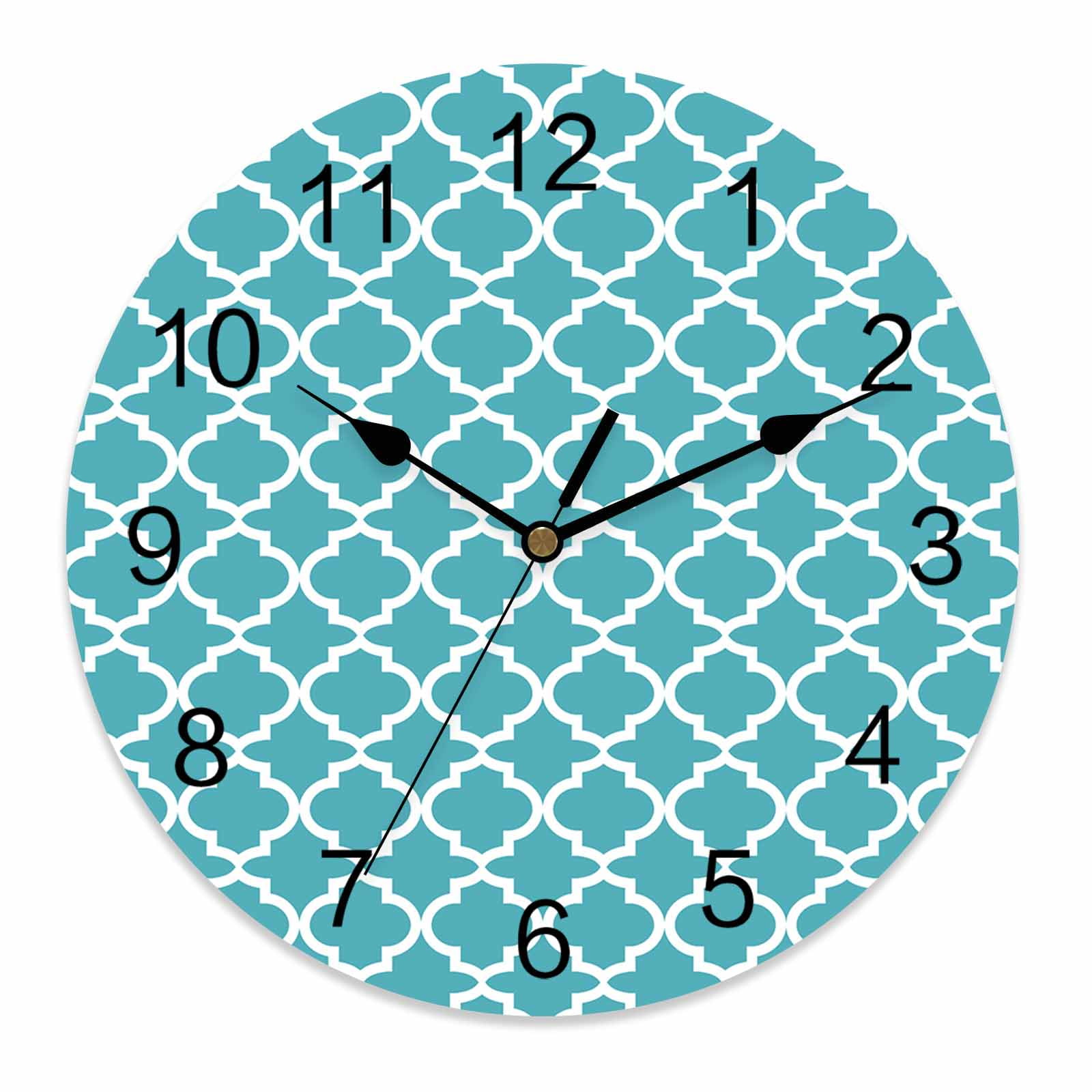 Wall Clock 14 Inch Turquoise White Geometric Round Silent Decorative ...