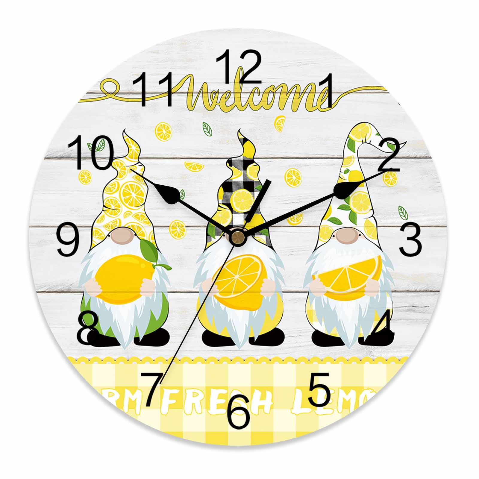 Wall Clock 14 Inch Welcome Farmhouse Fresh Lemon Gnomes Spring Summer ...