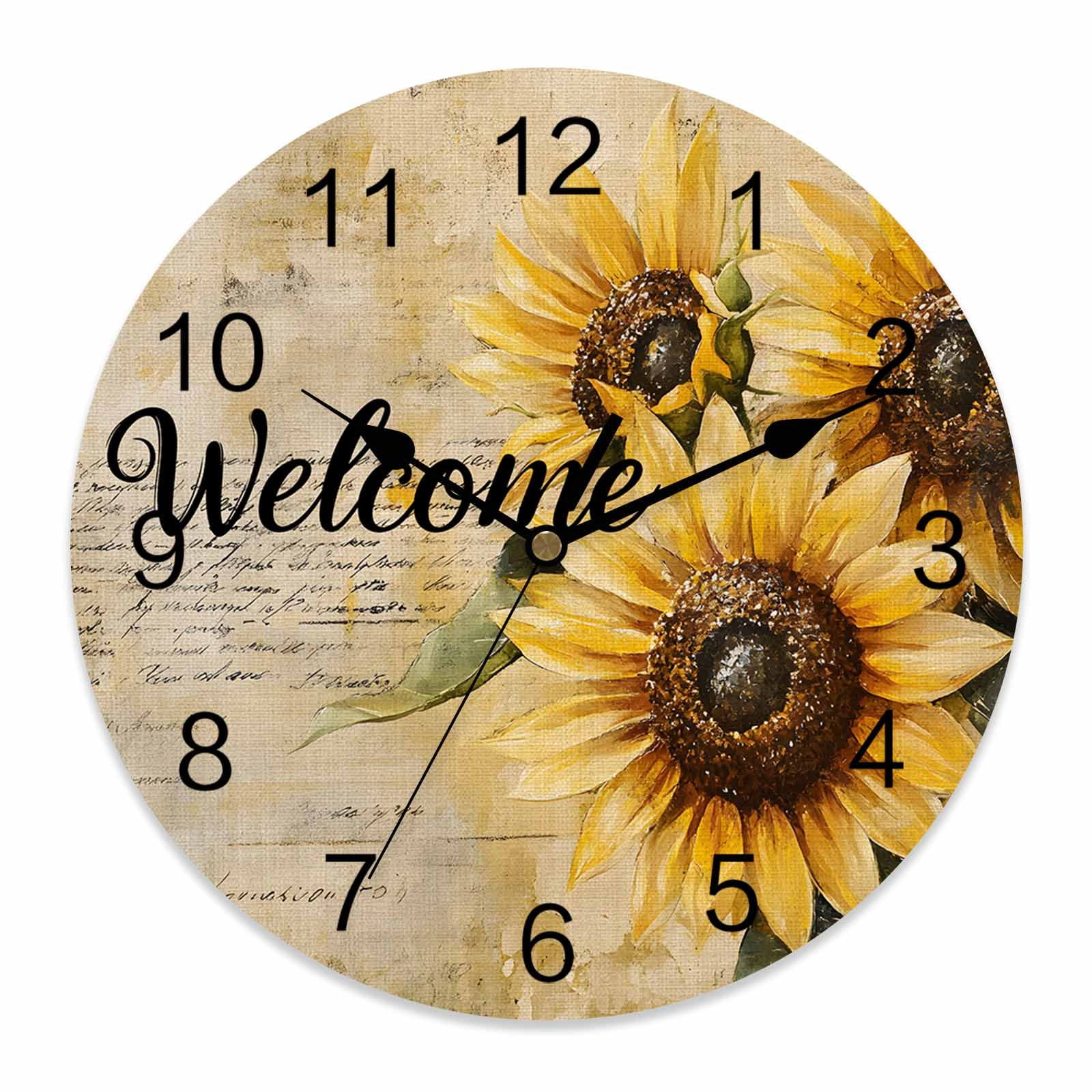 Wall Clock 14 inch Sunflower Leaves Welcome Battery Operated Clocks ...