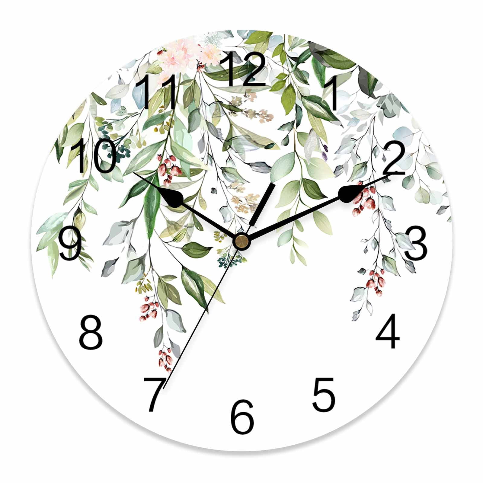 Wall Clock 14 inch Watercolor Eucalyptus Leaves Battery Operated Clocks ...