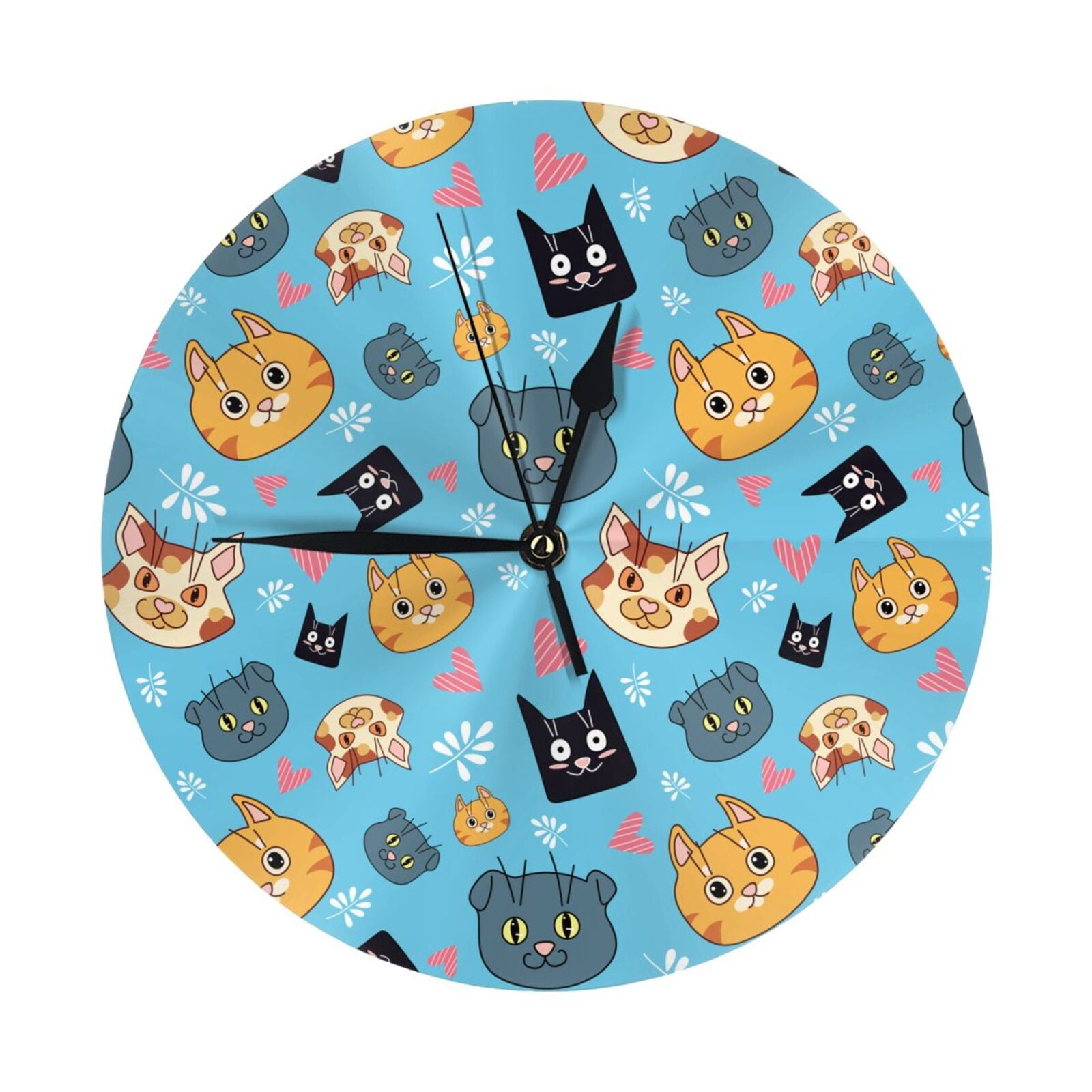 Wall Clock, Abstract Cute Cartoon Cat Face Wall Clocks Battery Operated ...