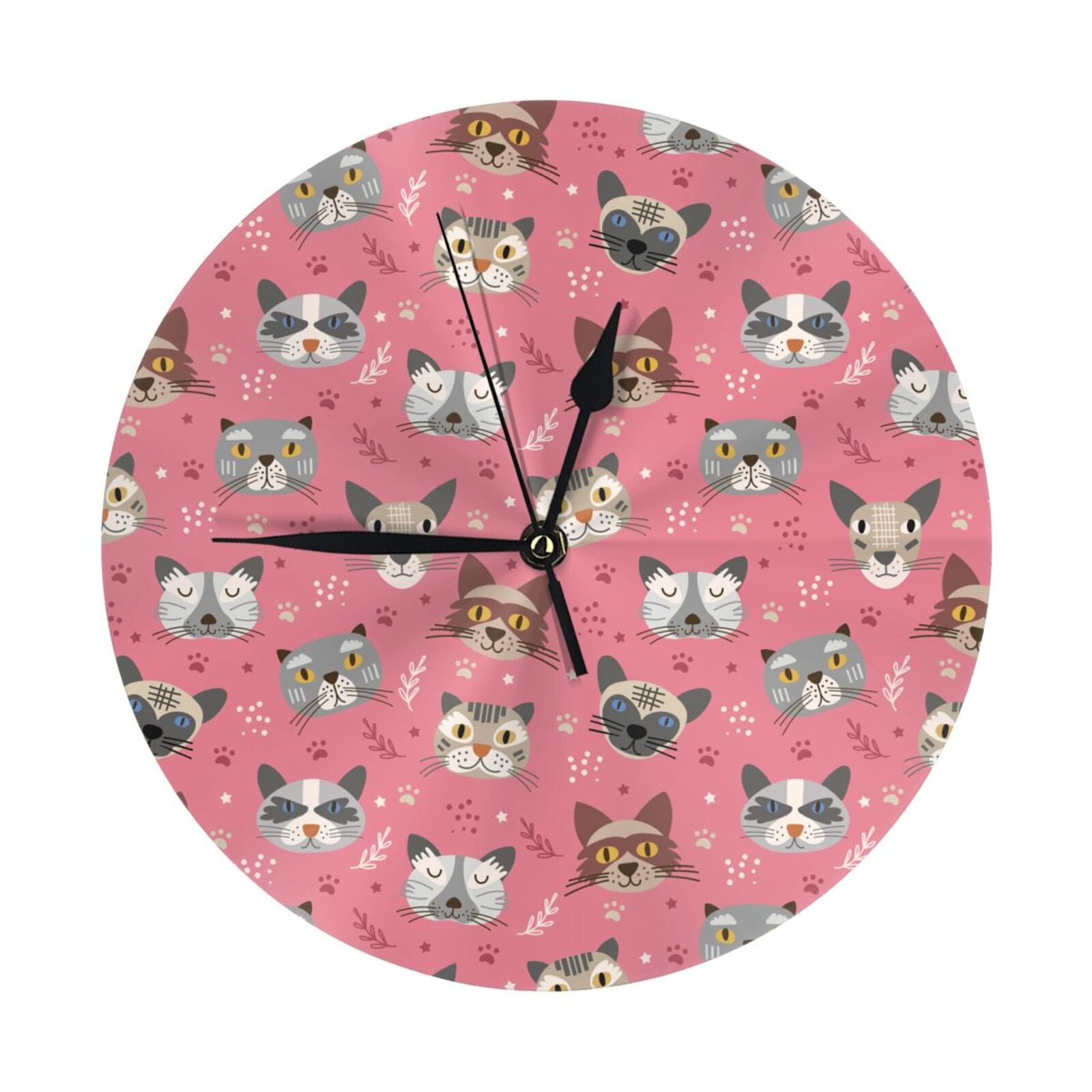 Wall Clock, Abstract Cute Cat Face Pink Wall Clocks Battery Operated ...