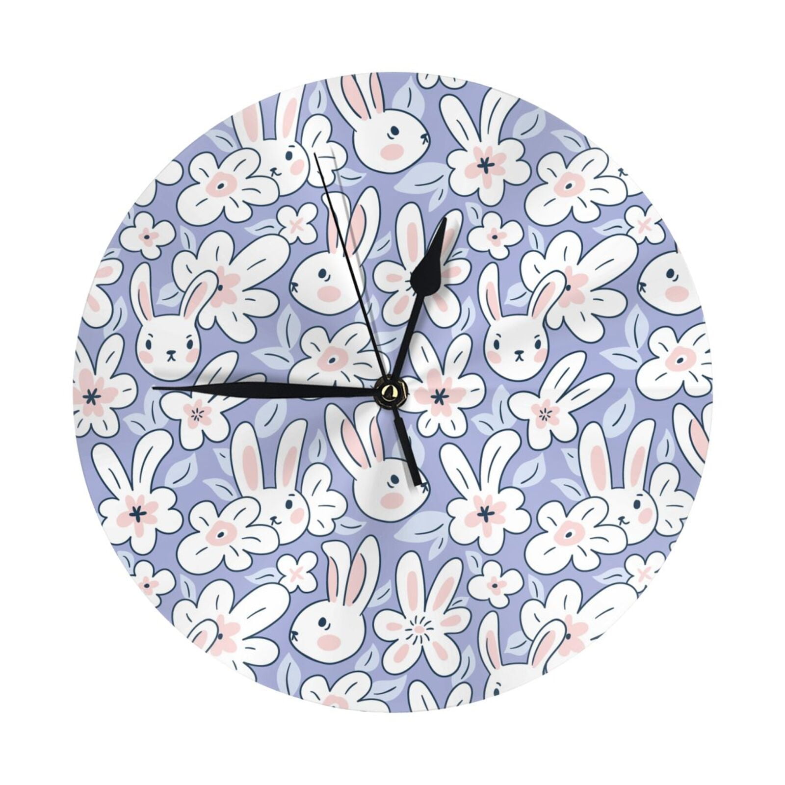 Wall Clock, Abstract Flower Cute Rabbit Purple Wall Clocks Battery ...