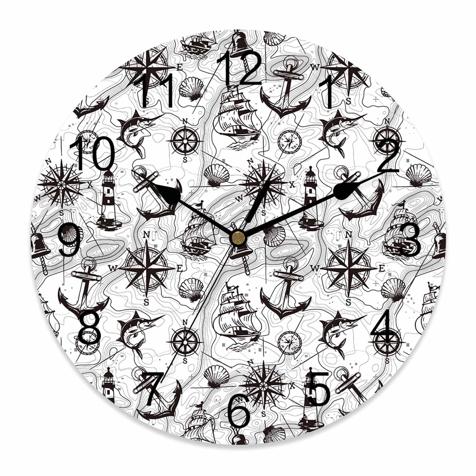 Wall Clock Anchor Sailboat Clocks PVC Silent Non-Ticking Battery ...