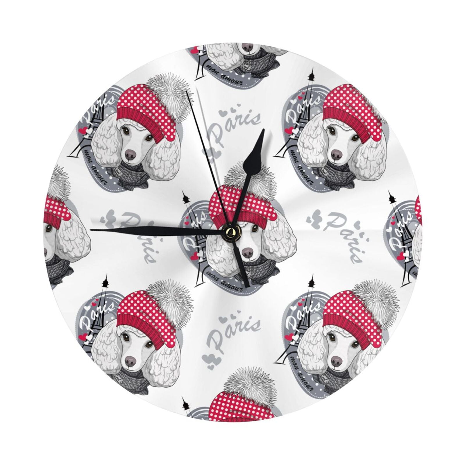 Wall Clock, Artistic Cute Poodle Dog Red Wall Clocks Battery Operated ...
