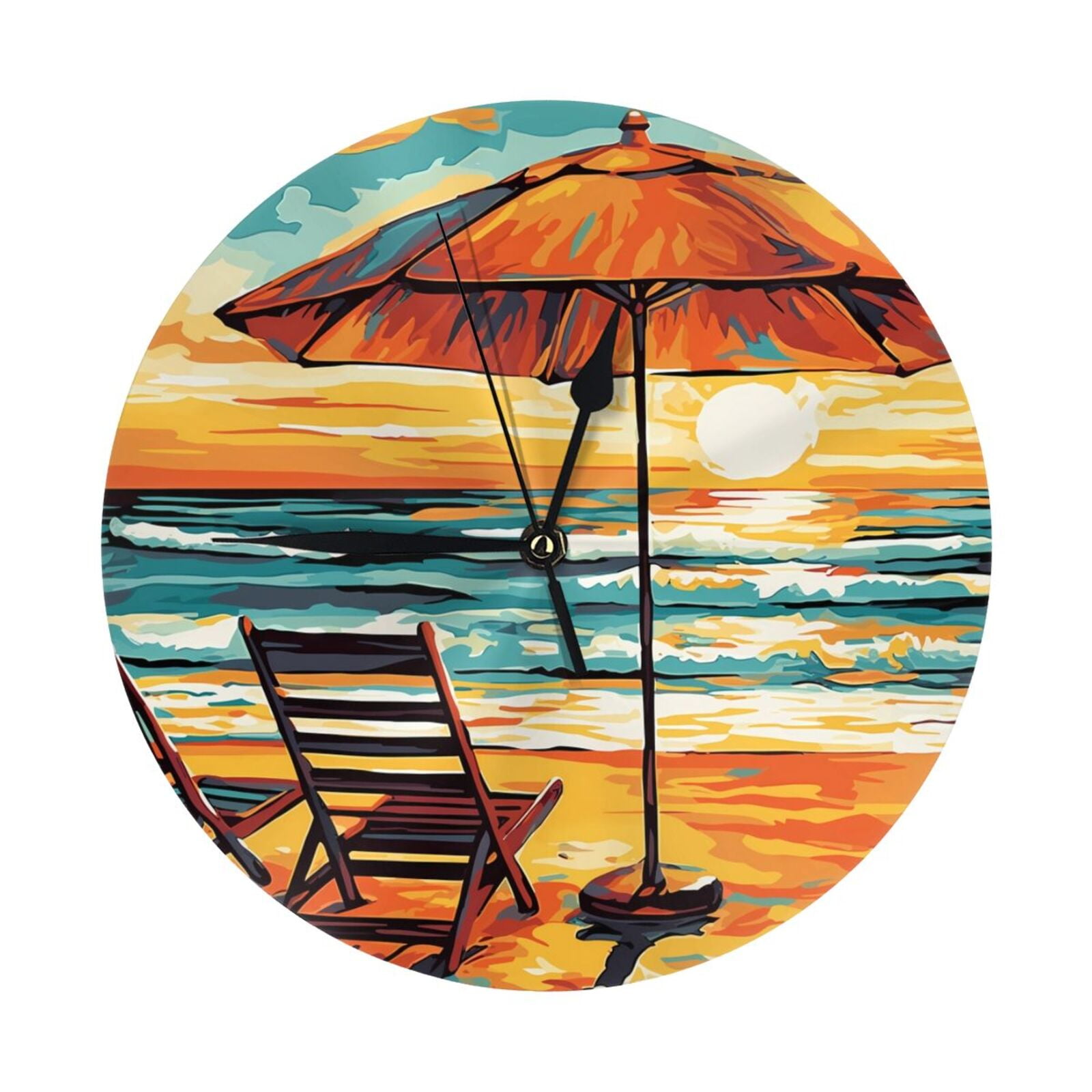 Wall Clock, Beach Umbrella Sunset Wall Clocks Battery Operated Silent ...