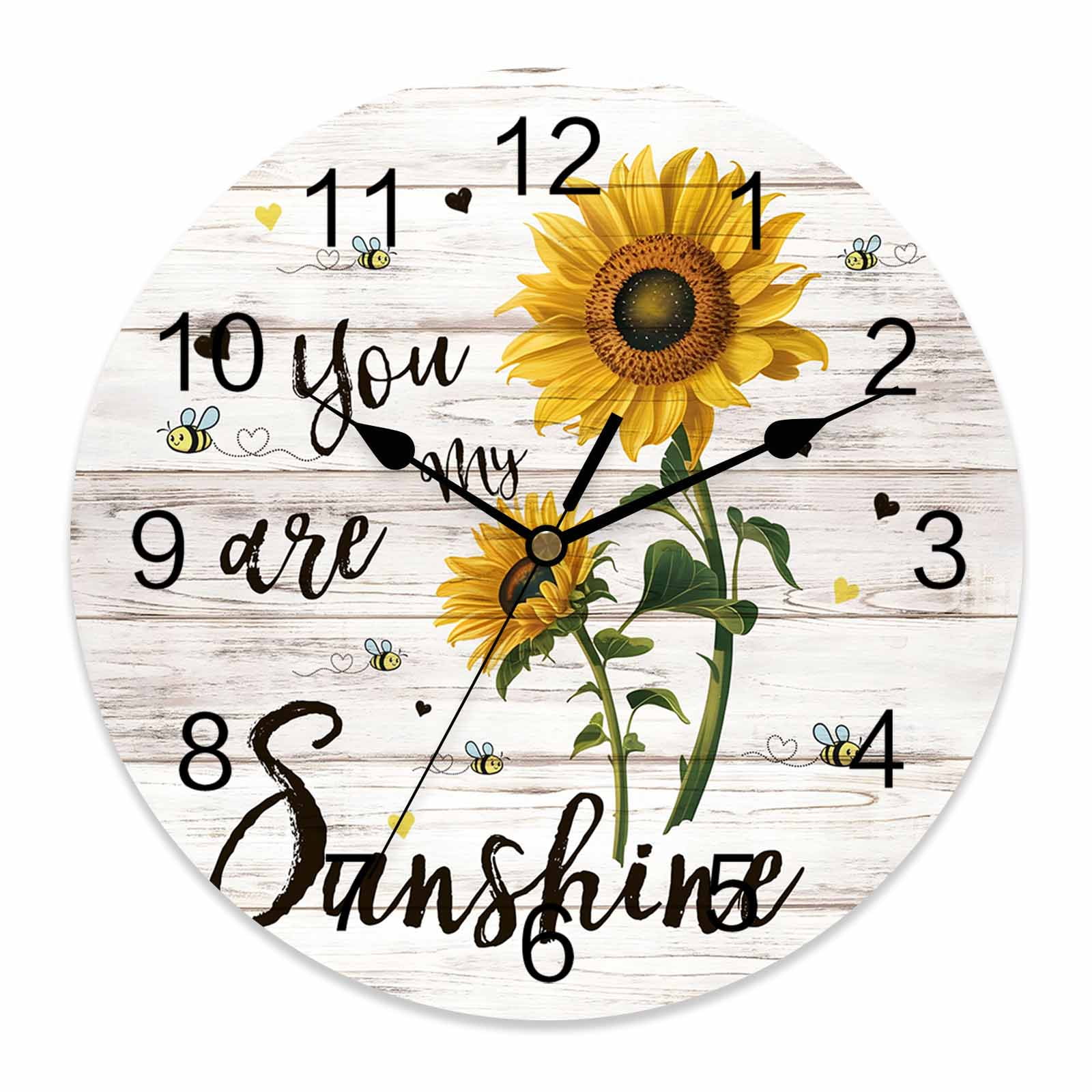 Wall Clock Bee Sunflower Clocks PVC Silent Non-Ticking Battery Operated ...