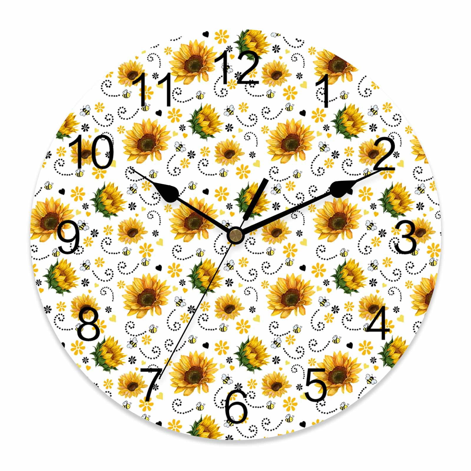 Wall Clock Bees Sunflower Clocks PVC Silent Non-Ticking Battery ...