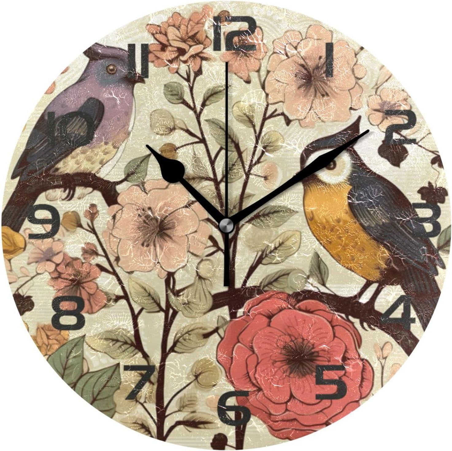 Wall Clock Birds Flowers 10 Inch Silent Non Ticking Quality Quartz ...