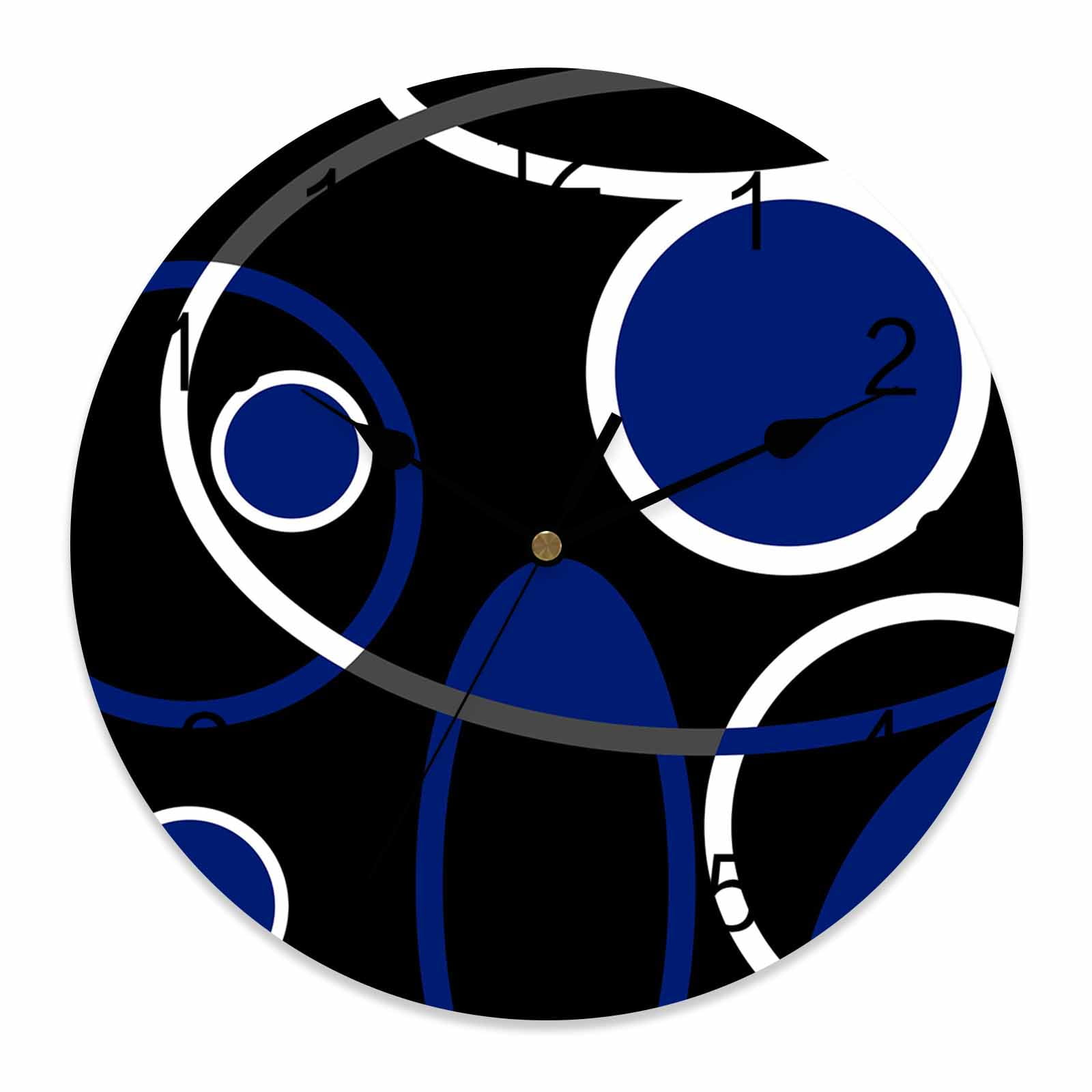 Wall Clock Black Blue Circle Clocks PVC Silent Non-Ticking Battery ...