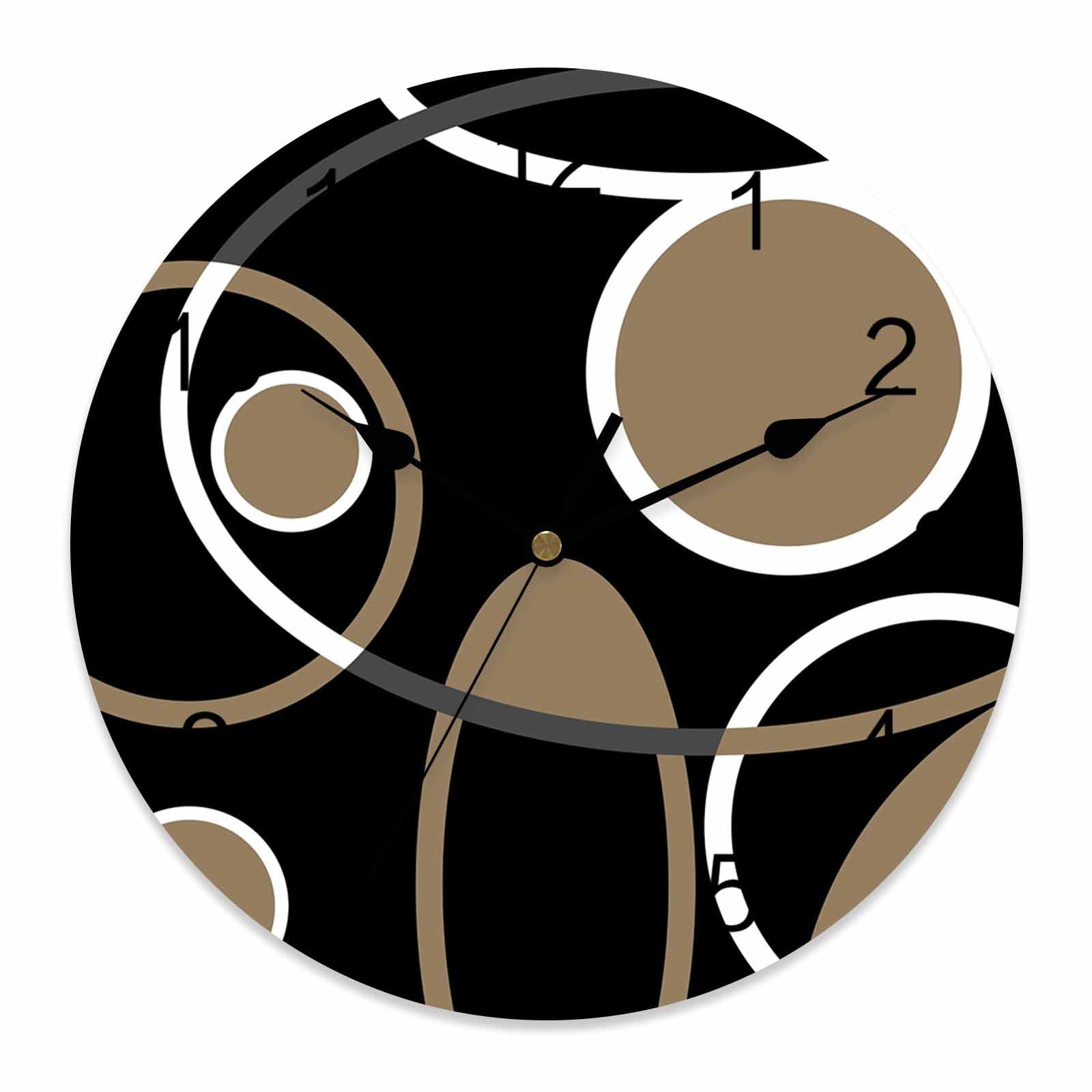 Wall Clock Black Brown Circle Clocks PVC Silent Non-Ticking Battery ...