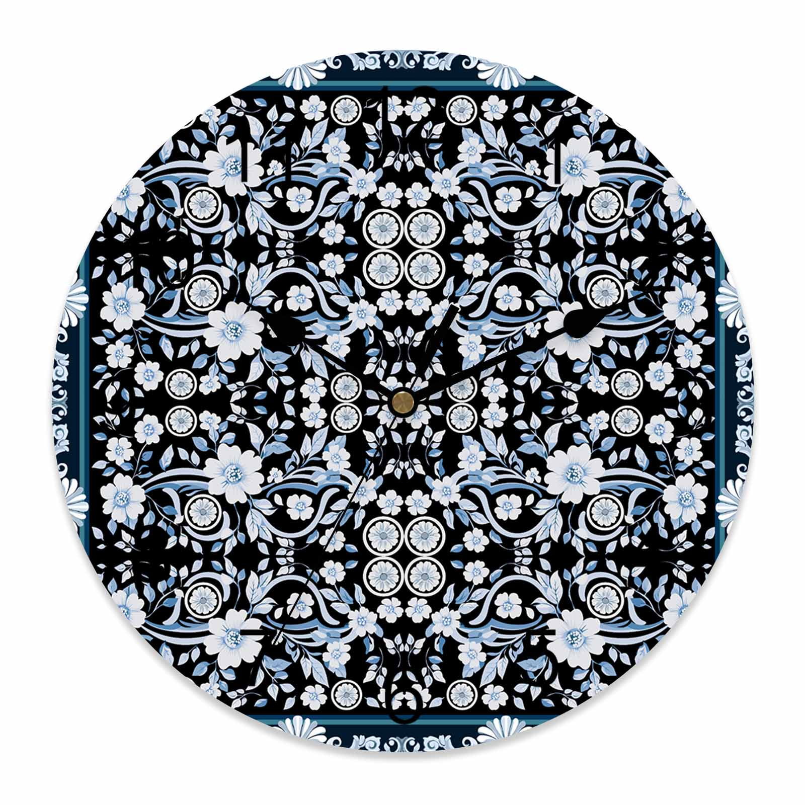 Wall Clock Black Floral Clocks PVC Silent Non-Ticking Battery Operated ...