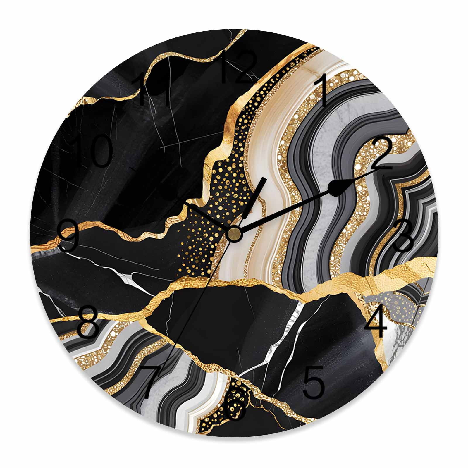 Wall Clock Black Marble Texture Clocks PVC Silent Non-Ticking Battery ...