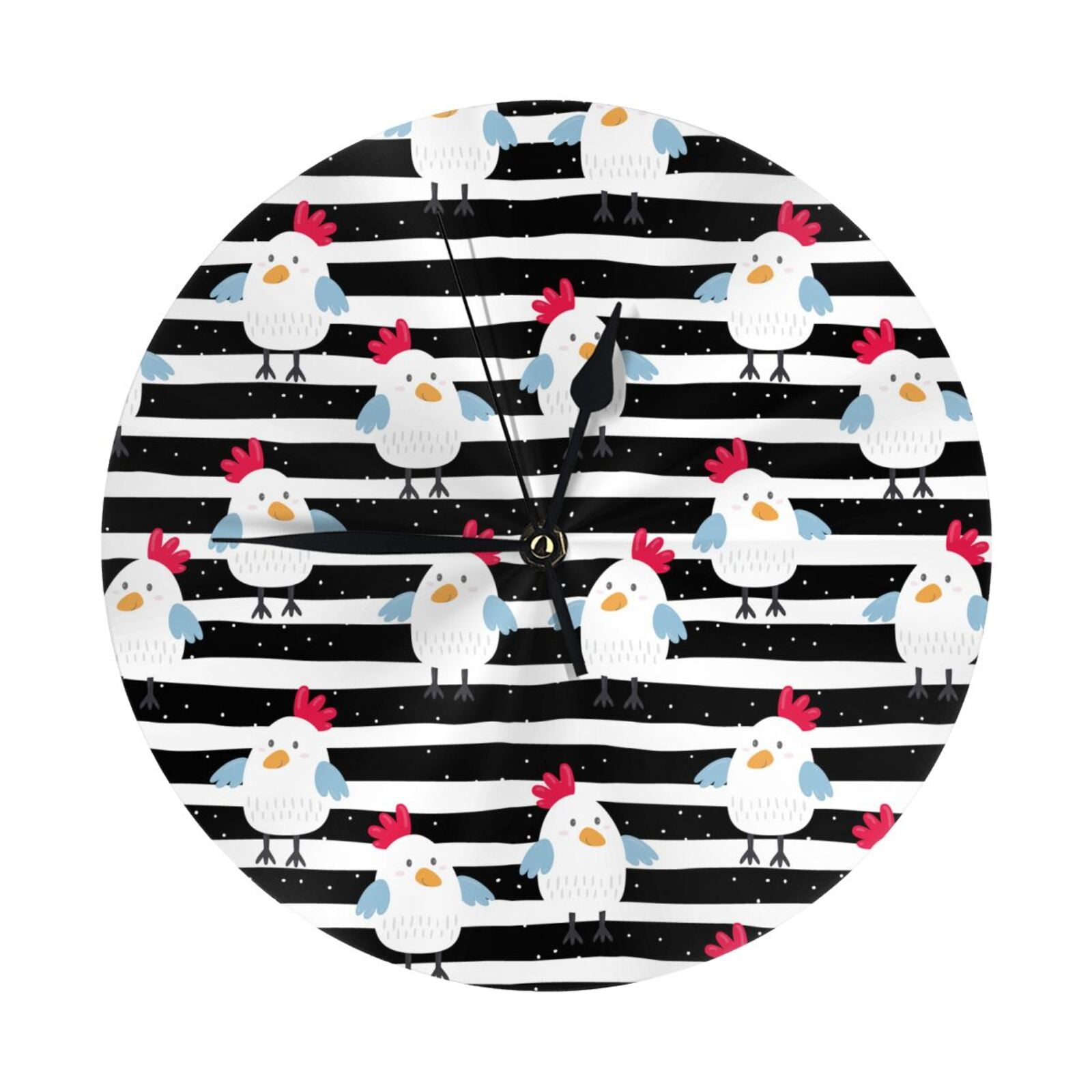 Wall Clock, Black White Striped Cute Chicken Wall Clocks Battery ...