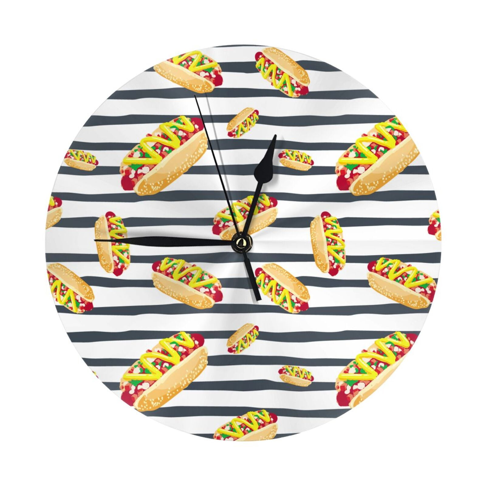 Wall Clock, Black White Striped Hot Dog Print Wall Clocks Battery ...
