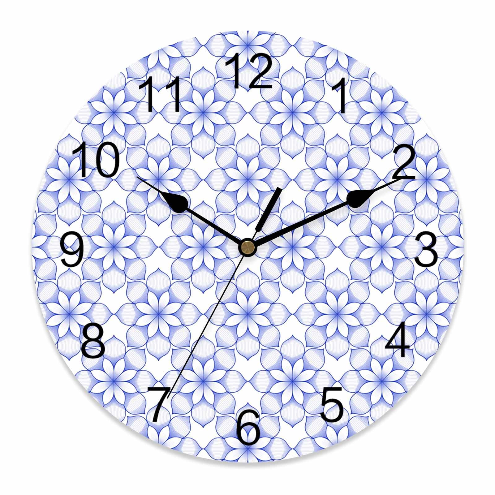 Wall Clock Blue Abstract Floral Clocks PVC Silent Non-Ticking Battery ...
