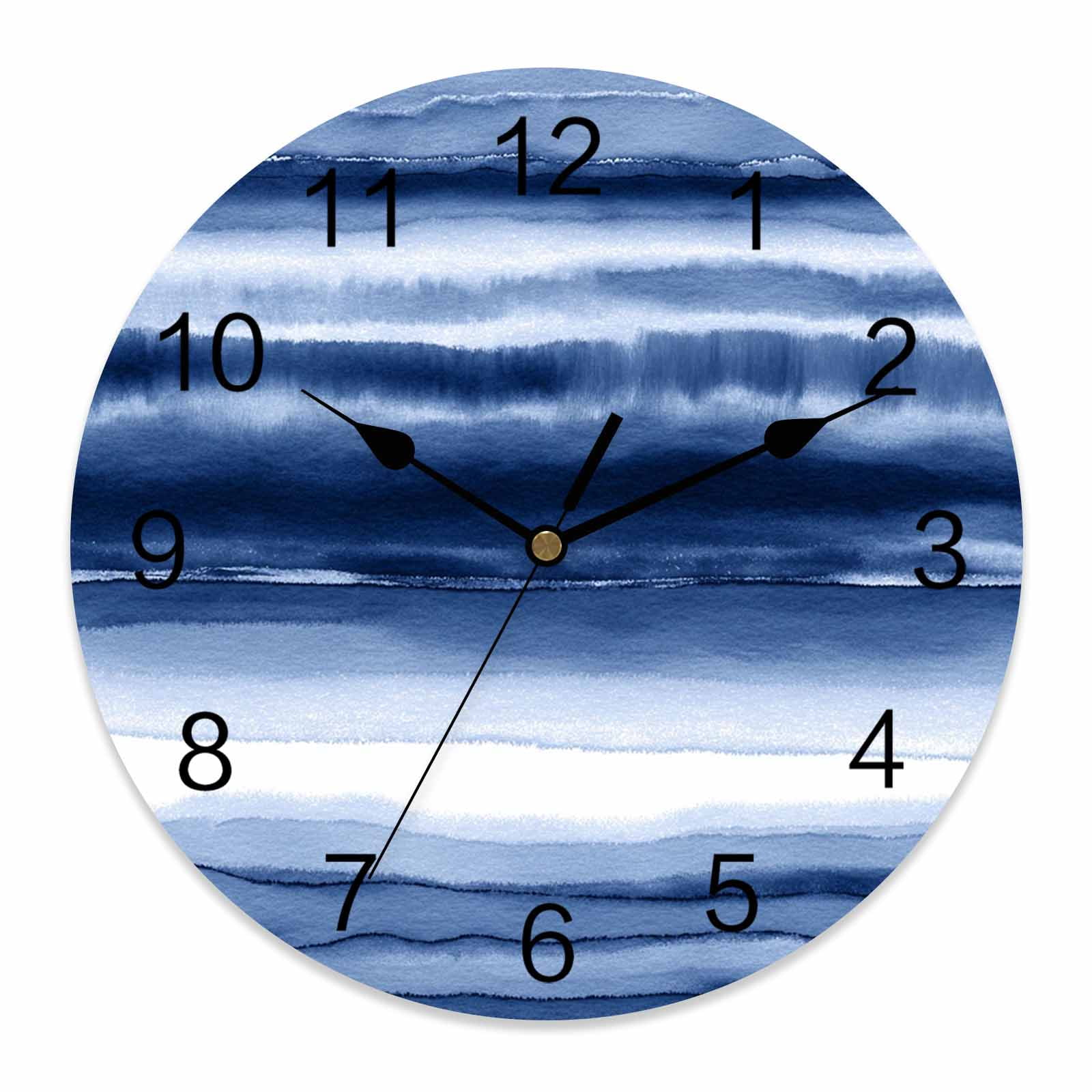 Wall Clock Blue Abstract Waves Clocks PVC Silent Non-Ticking Battery ...