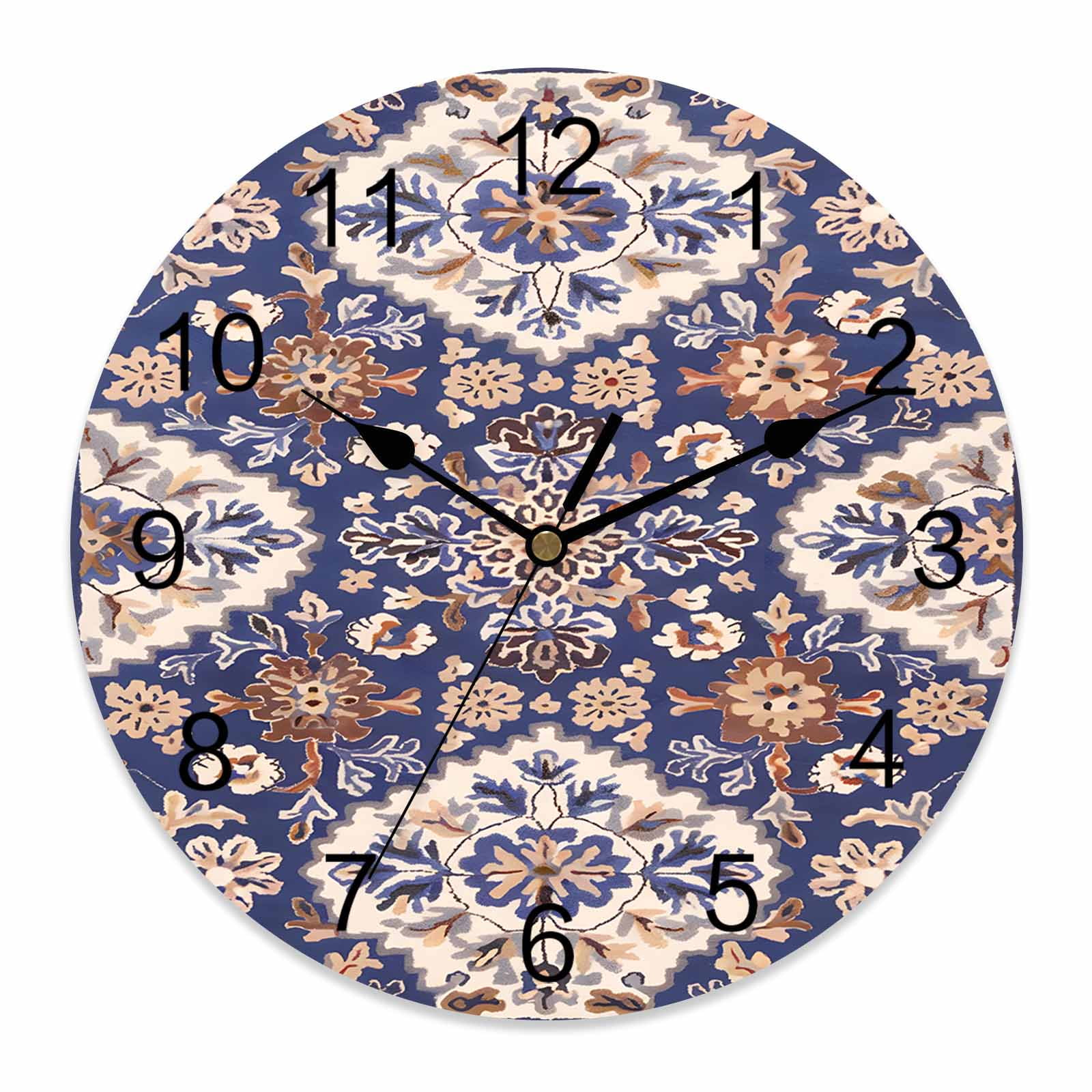 Wall Clock Blue Boho Flower Clocks PVC Silent Non-Ticking Battery ...