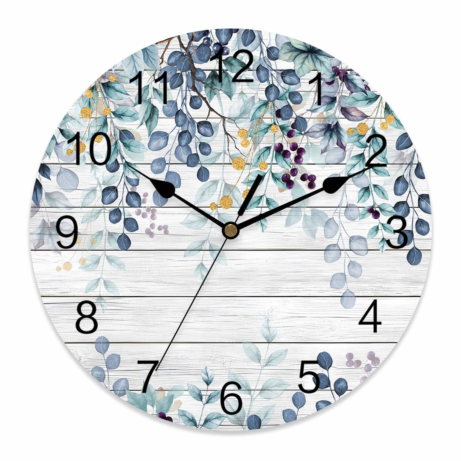 Wall Clock Blue Eucalyptus Leaves Clocks PVC Silent Non-Ticking Battery ...