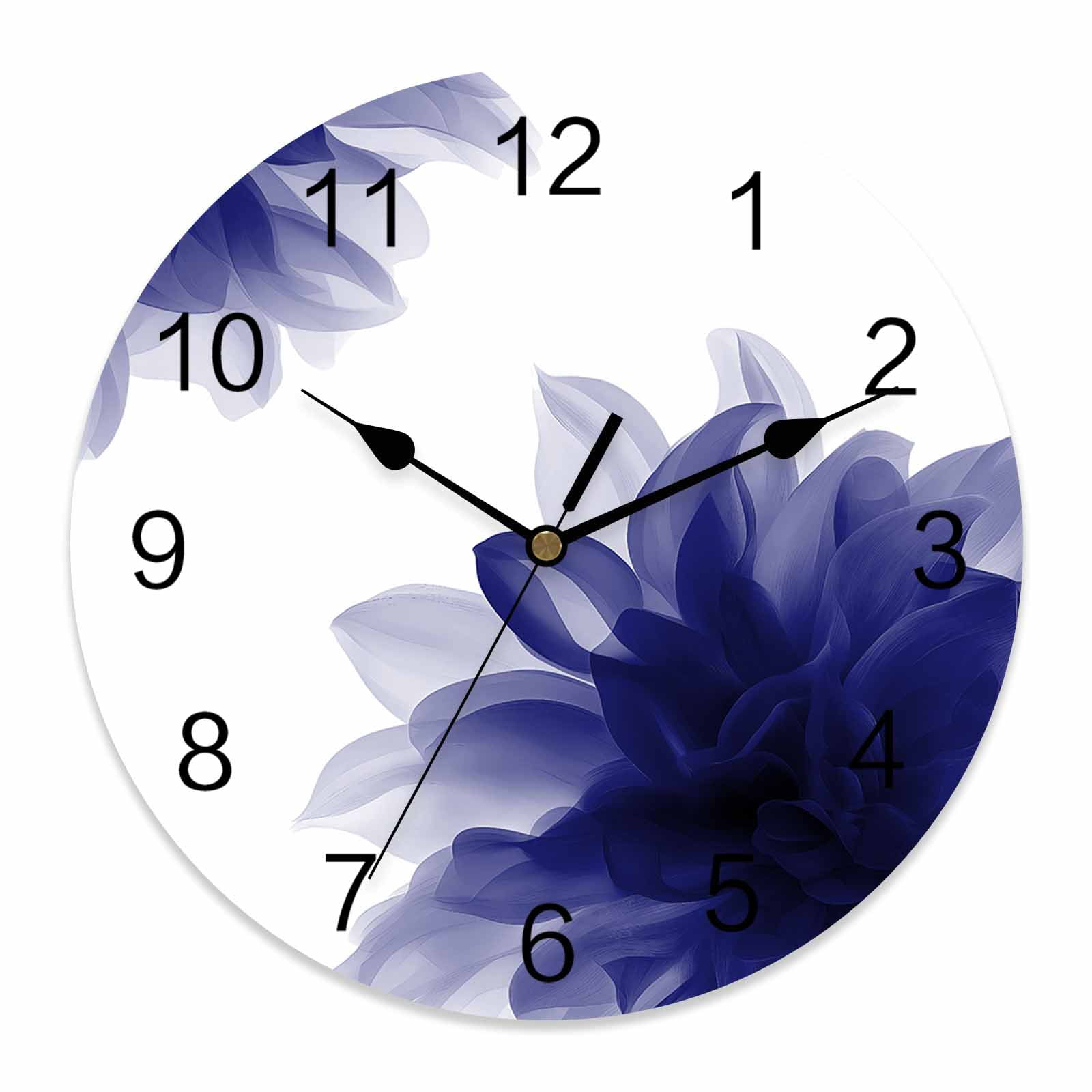 Wall Clock Blue Floral Clocks PVC Silent Non-Ticking Battery Operated ...