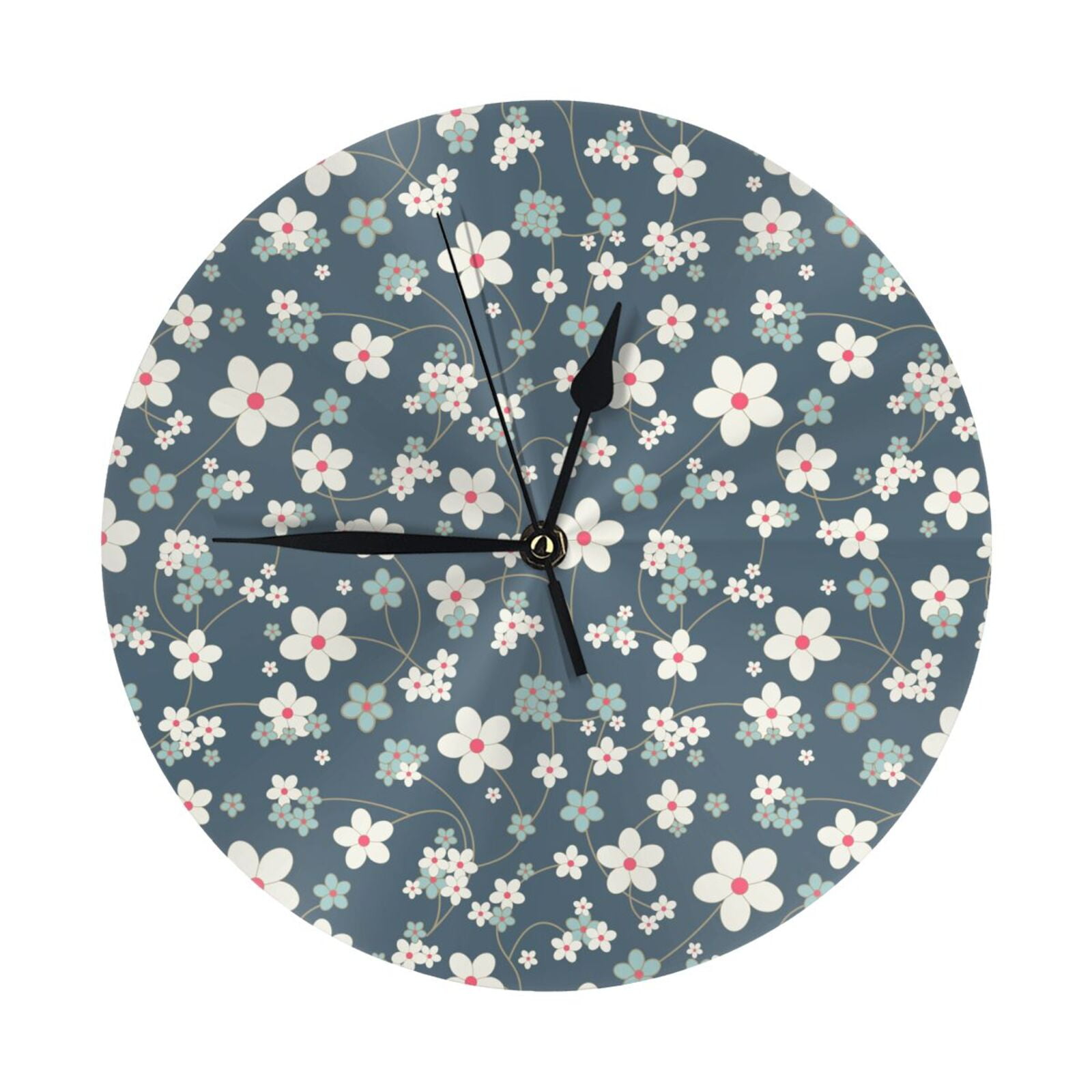 Wall Clock, Blue Flower Wall Clocks Battery Operated Silent Kitchen ...