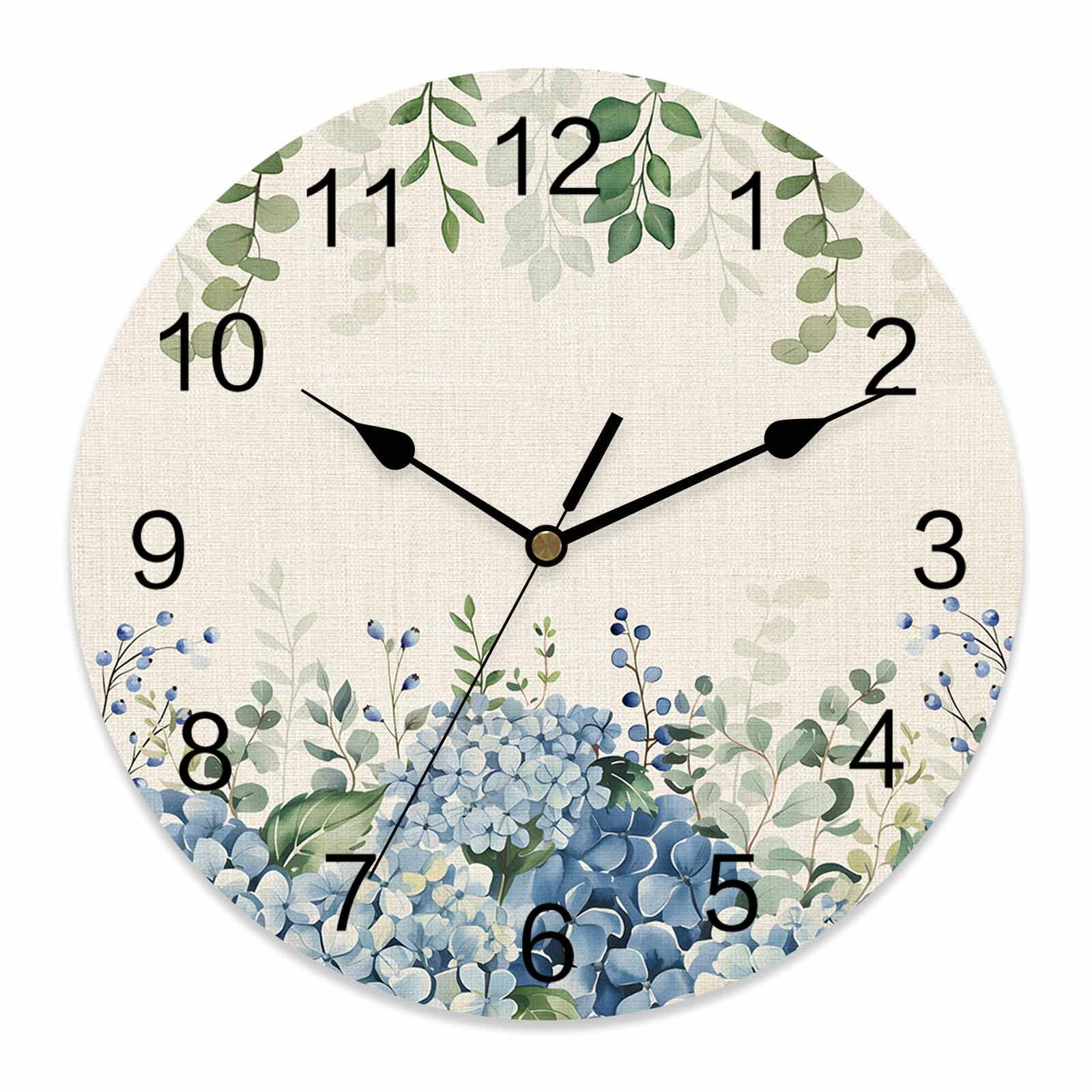 Wall Clock Blue Hydrangea Clocks PVC Silent Non-Ticking Battery ...
