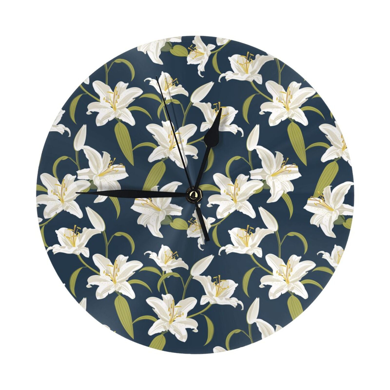 Wall Clock, Blue Lilies Flowers Wall Clocks Battery Operated Silent ...