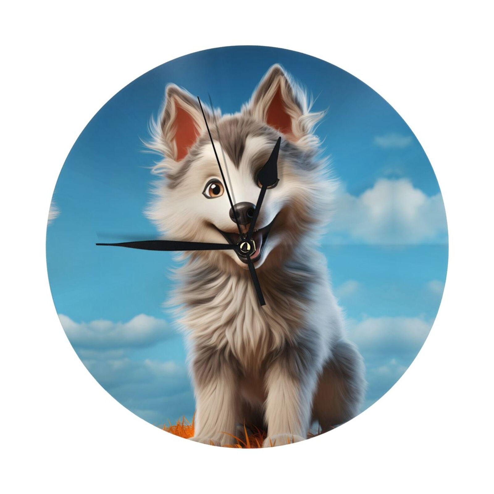 Wall Clock, Blue Sky Cute Wolf Wall Clocks Battery Operated Silent ...